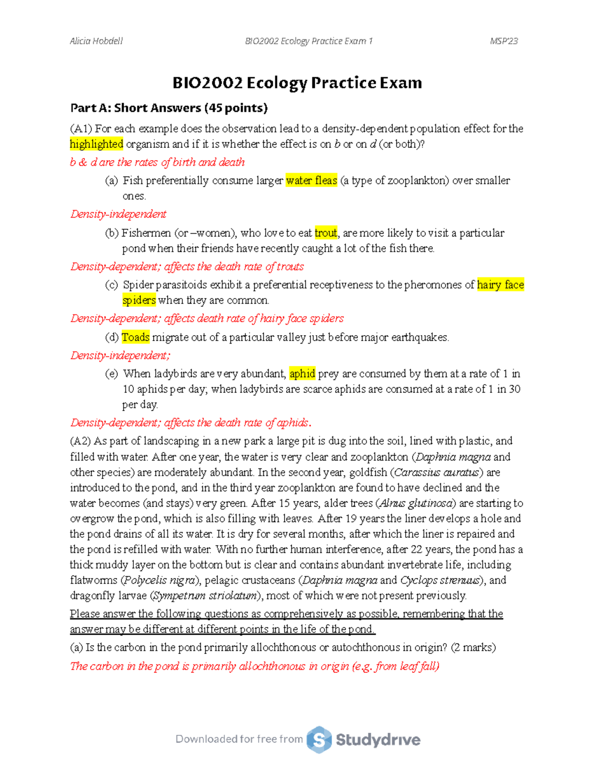 Practice Exam 2019-2020 - BIO2002 Ecology Practice Exam Part A: Short ...