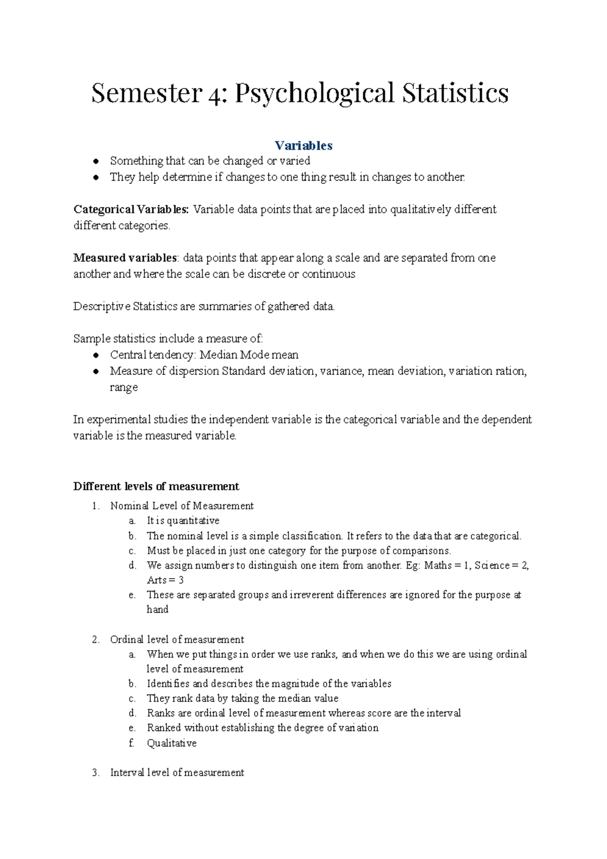 2021 Notes - Semester 4: Psychological Statistics Variables Something ...