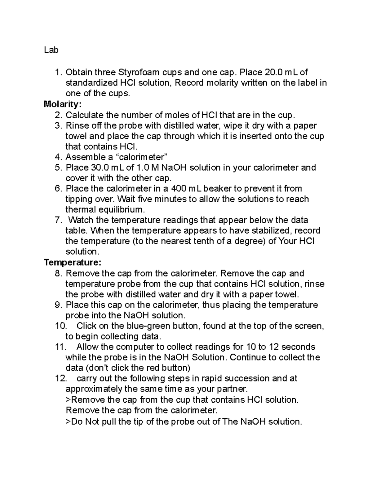 Pre-Lab 9 chem 1 - Lab Obtain three Styrofoam cups and one cap. Place ...