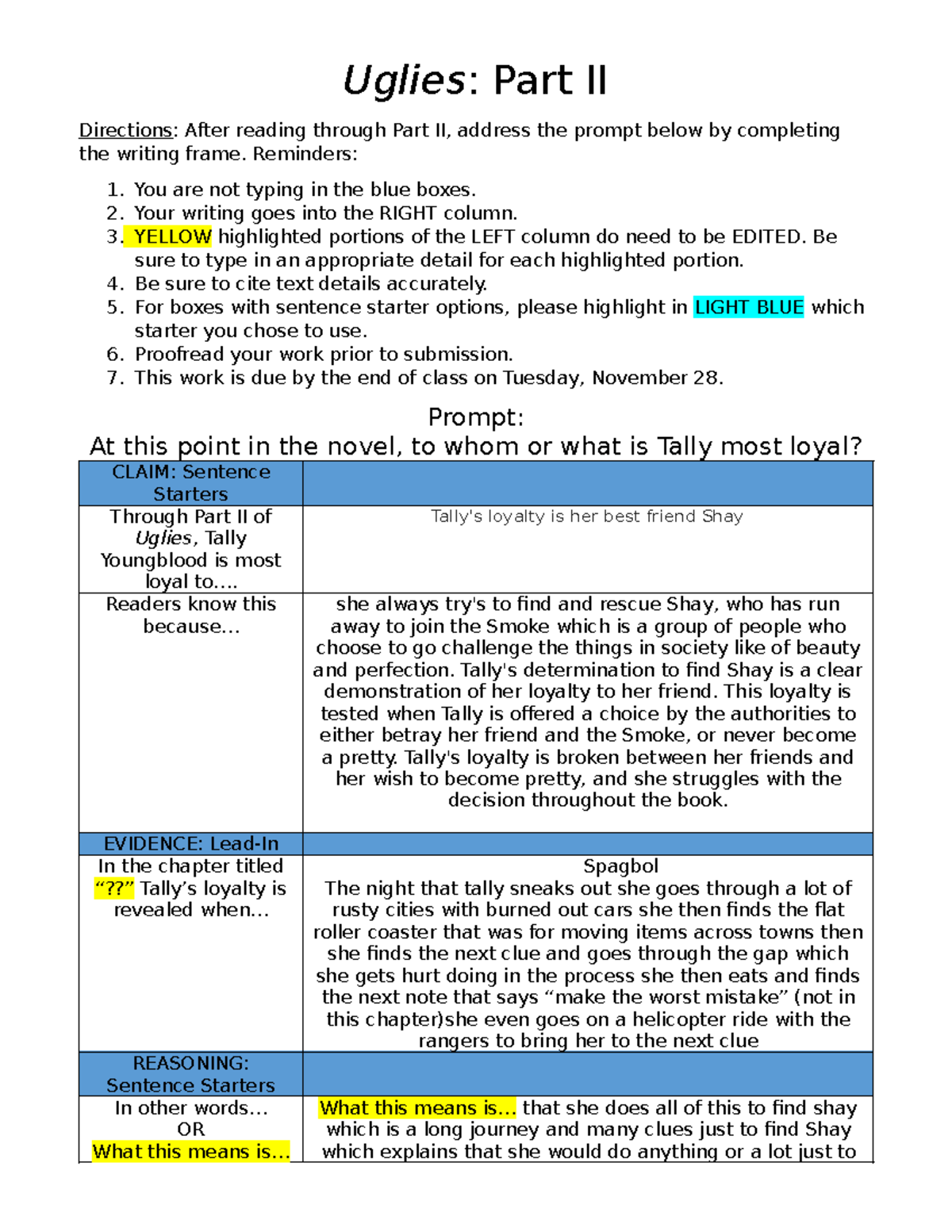 Part 2 Reading Check-4186bb-9cf739 - Uglies: Part II Directions: After ...