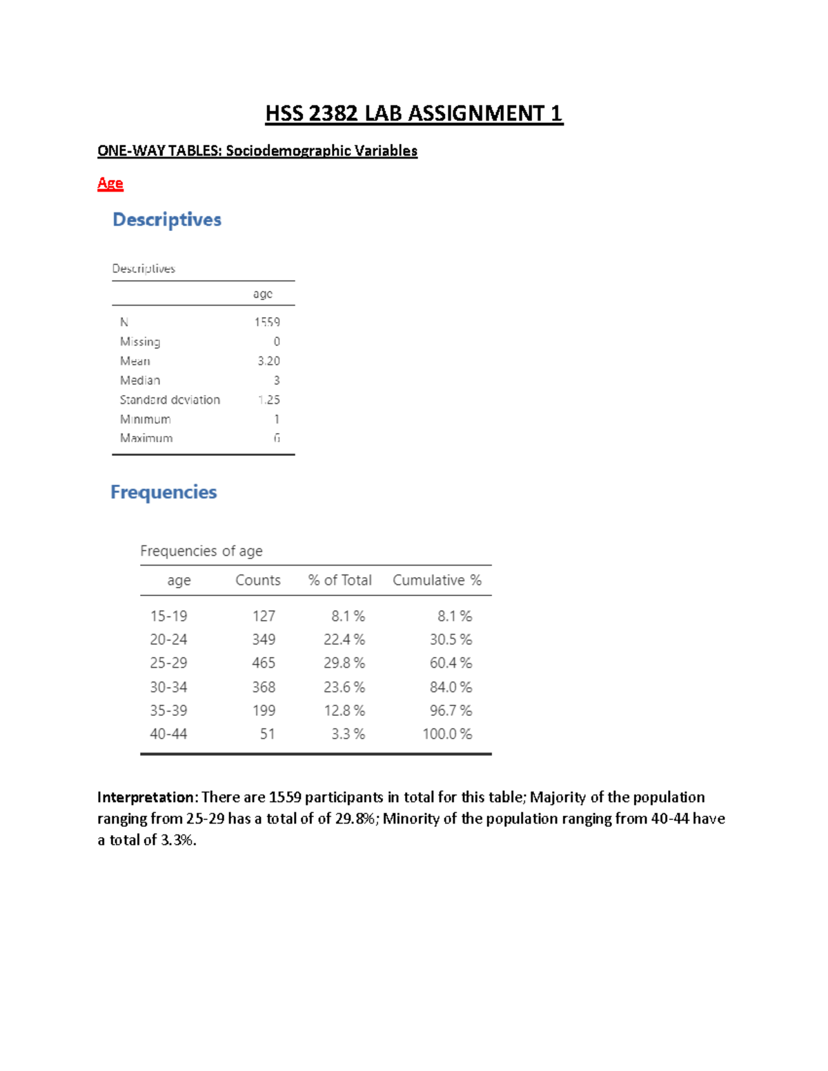 HSS 2382 LAB 1 Example - Please do not copy the exact same thing in ...