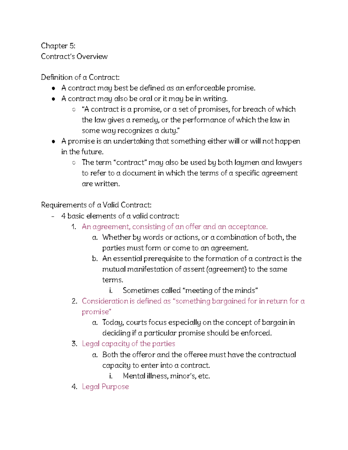Chapter 5- Legal and Ethical Business - Chapter 5: Contract’s Overview ...