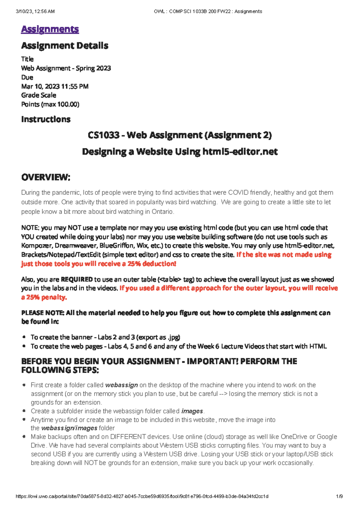 OWL Compsci 1033 B 200 FW22 Assignments - Assignments Assignment Details Title Web Assignment ...