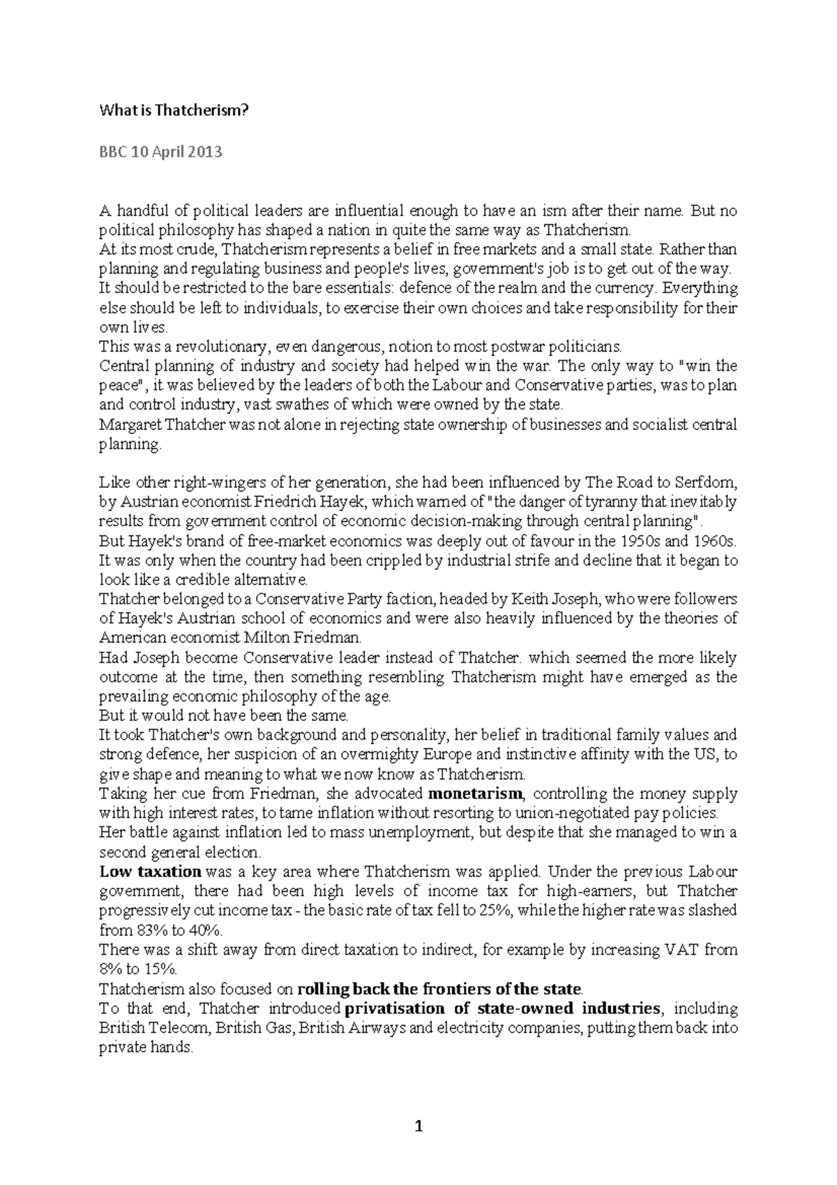 What is Thatcherism ? - What is Thatcherism? BBC 10 April 2013 A ...