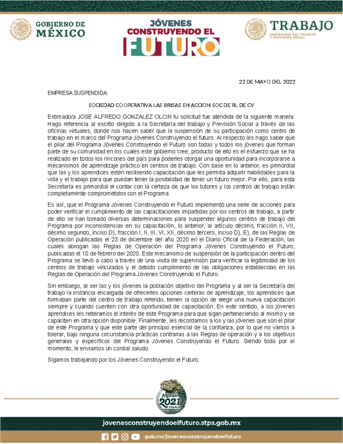 BAJA - fgbd - 22 DE MAYO DEL 2022 EMPRESA SUSPENDIDA: SOCIEDAD ...