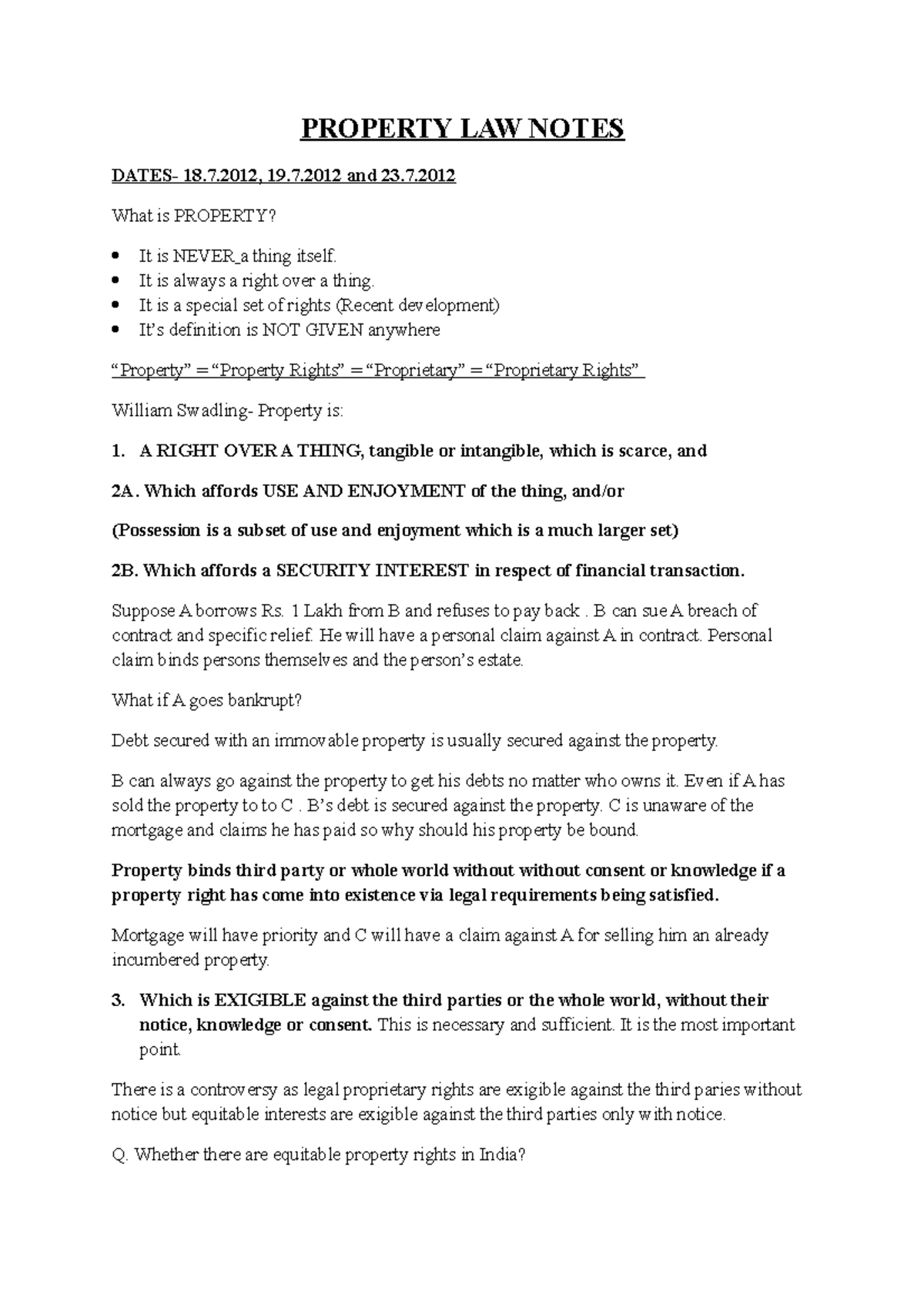 109165198 Property Law Notes - PROPERTY LAW NOTES DATES- 18.7, 19.7 and ...
