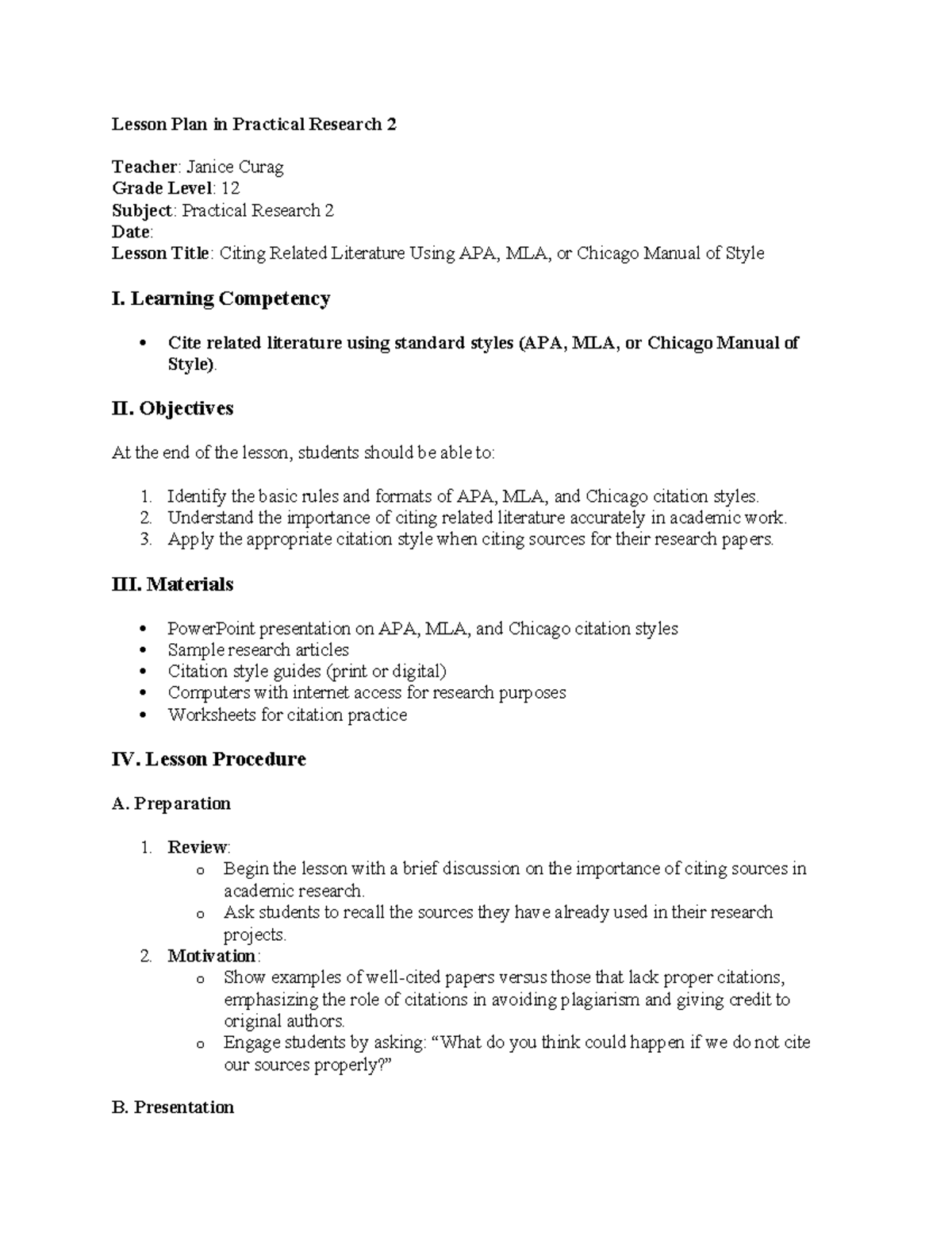Rrl - pr2 - Lesson Plan in Practical Research 2 Teacher: Janice Curag ...
