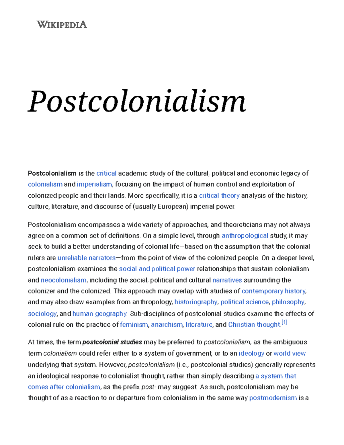 Postcolonialism: Introduction, History and Terminology- Wikipedia ...