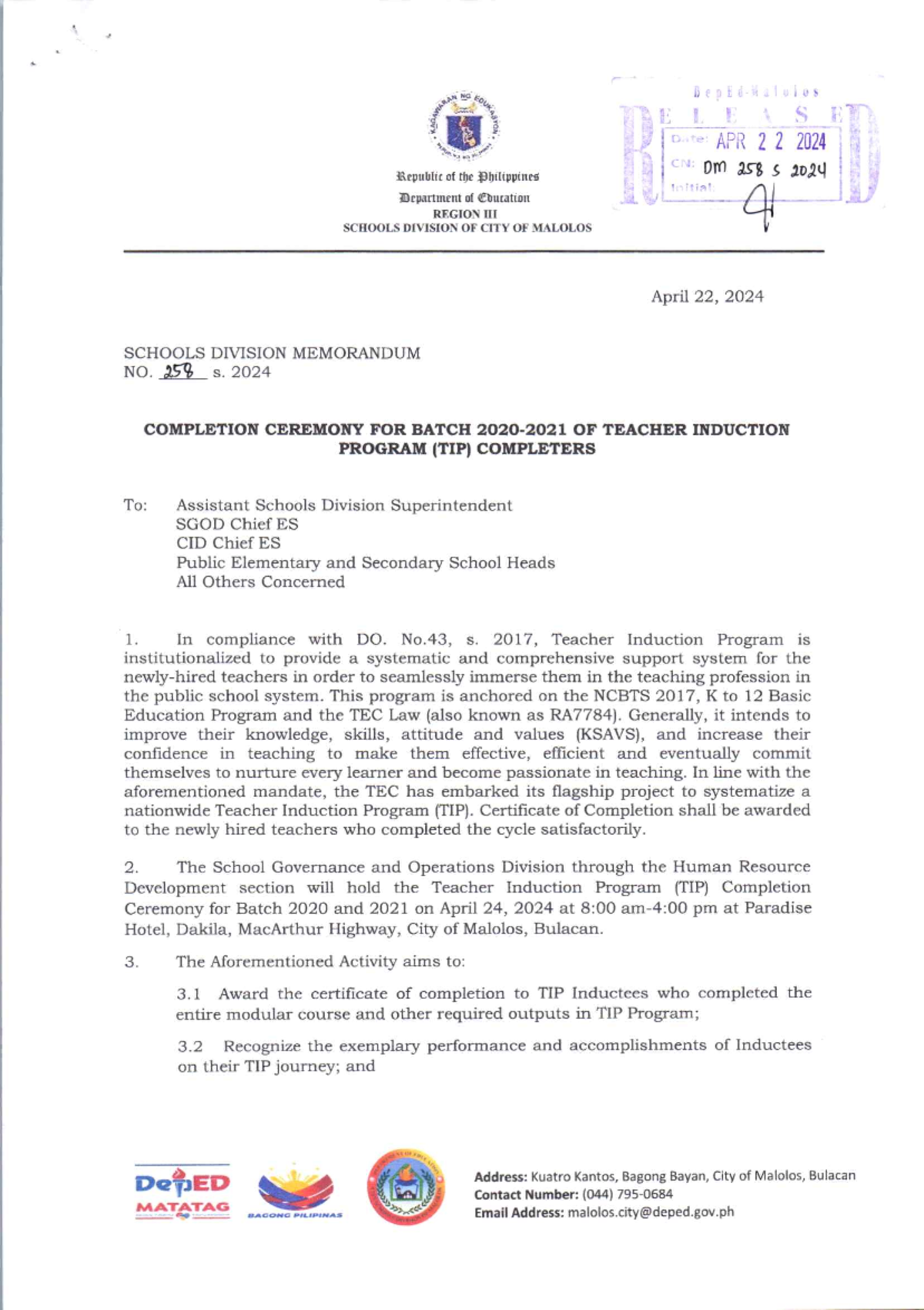 DM 258 s 2024 Completion Ceremony for Batch 2020 2021 of Teacher ...