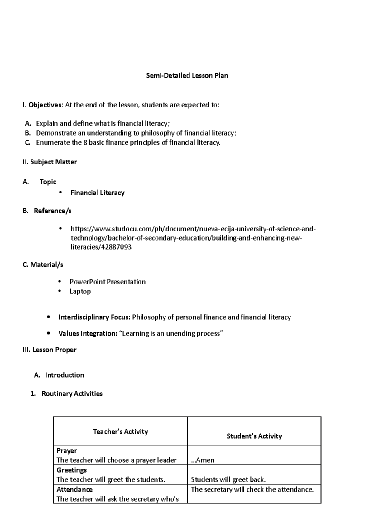 Semi-detailed lesson plan, financial literacy - Semi-Detailed Lesson ...