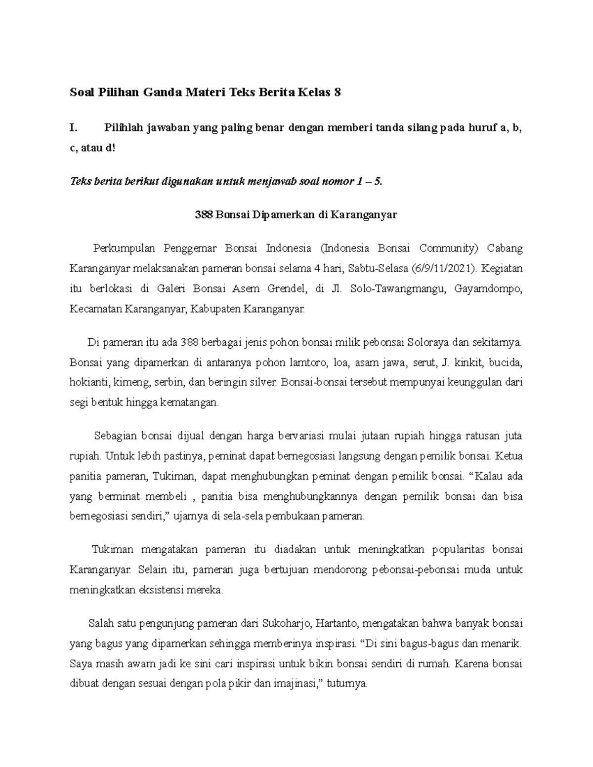 Soal mamah - STUDENT - Soal Pilihan Ganda Materi Teks Berita Kelas 8 I ...