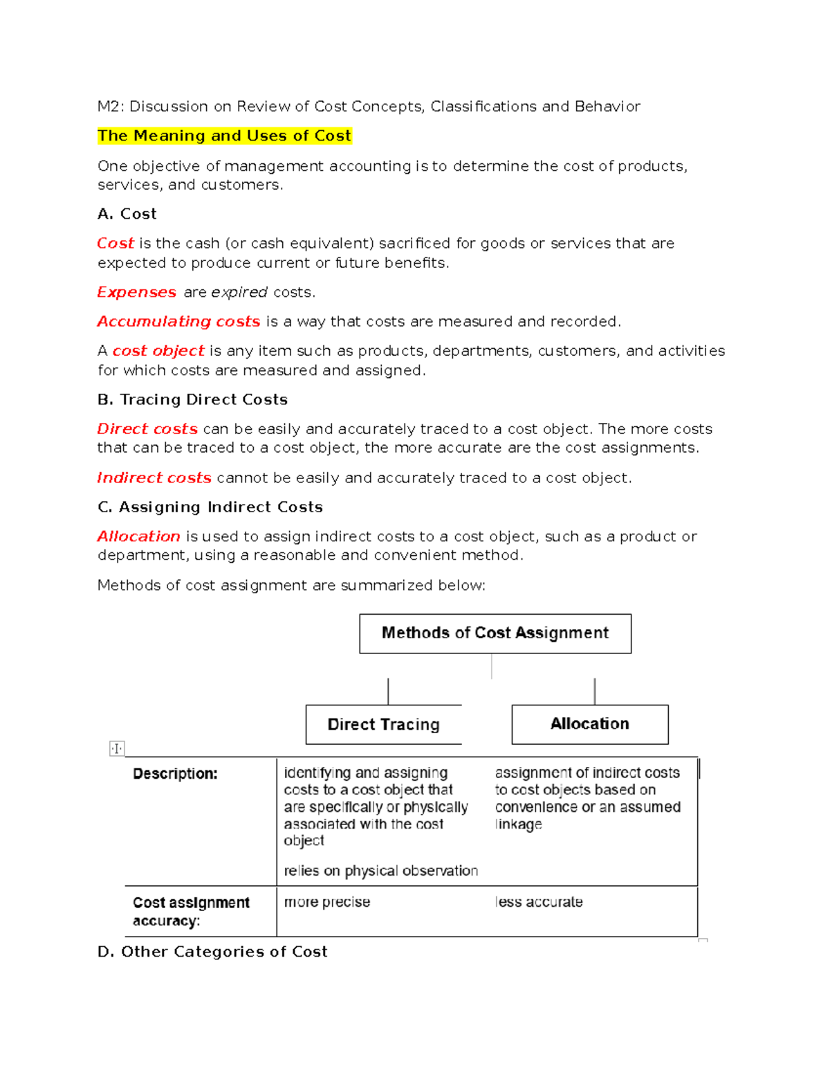 M2 Discussion on Review of Cost Concepts, Classifications and Behavior - A. Cost Cost is the ...