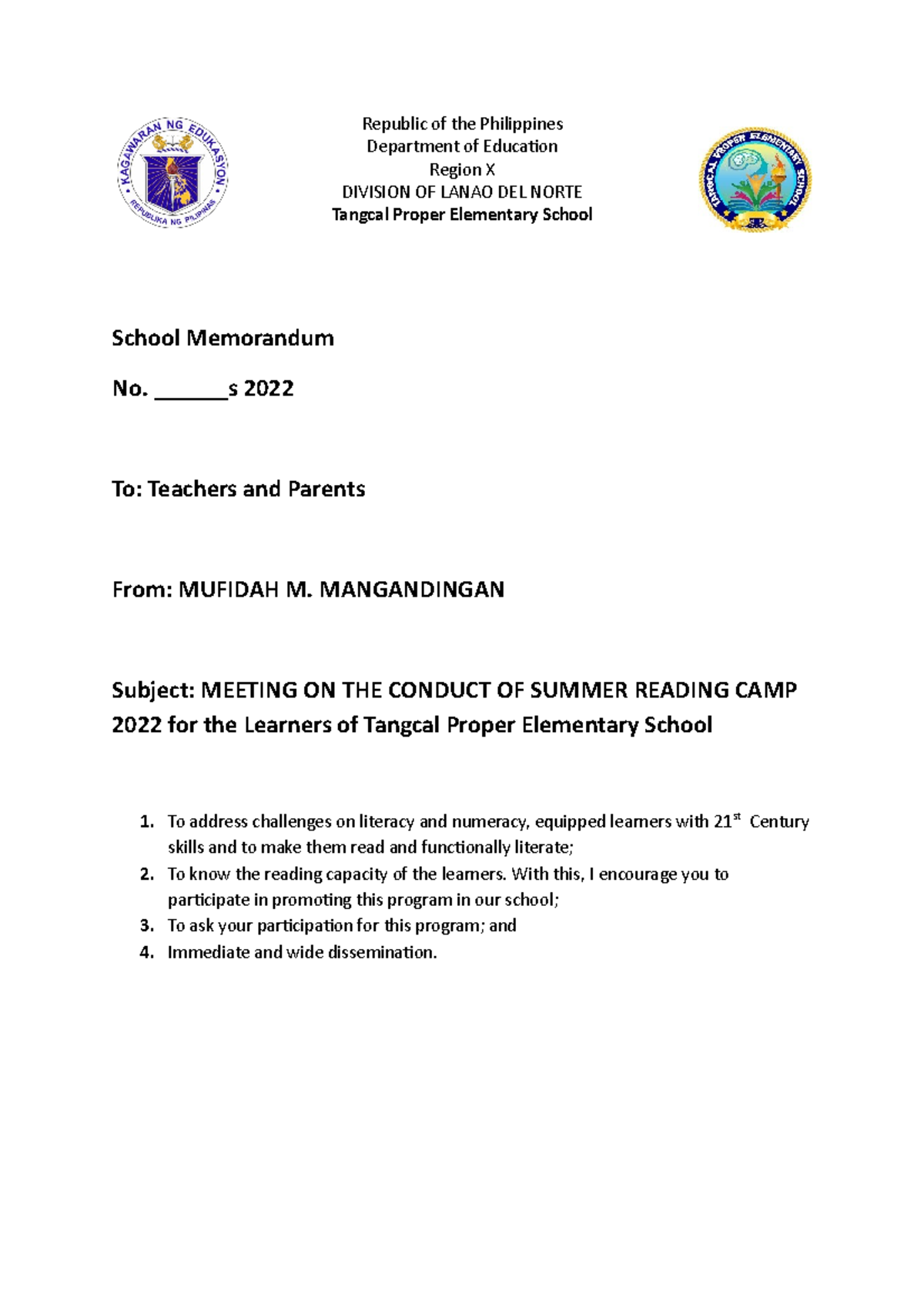 SChool Memo - For Assignment - Republic of the Philippines Department ...