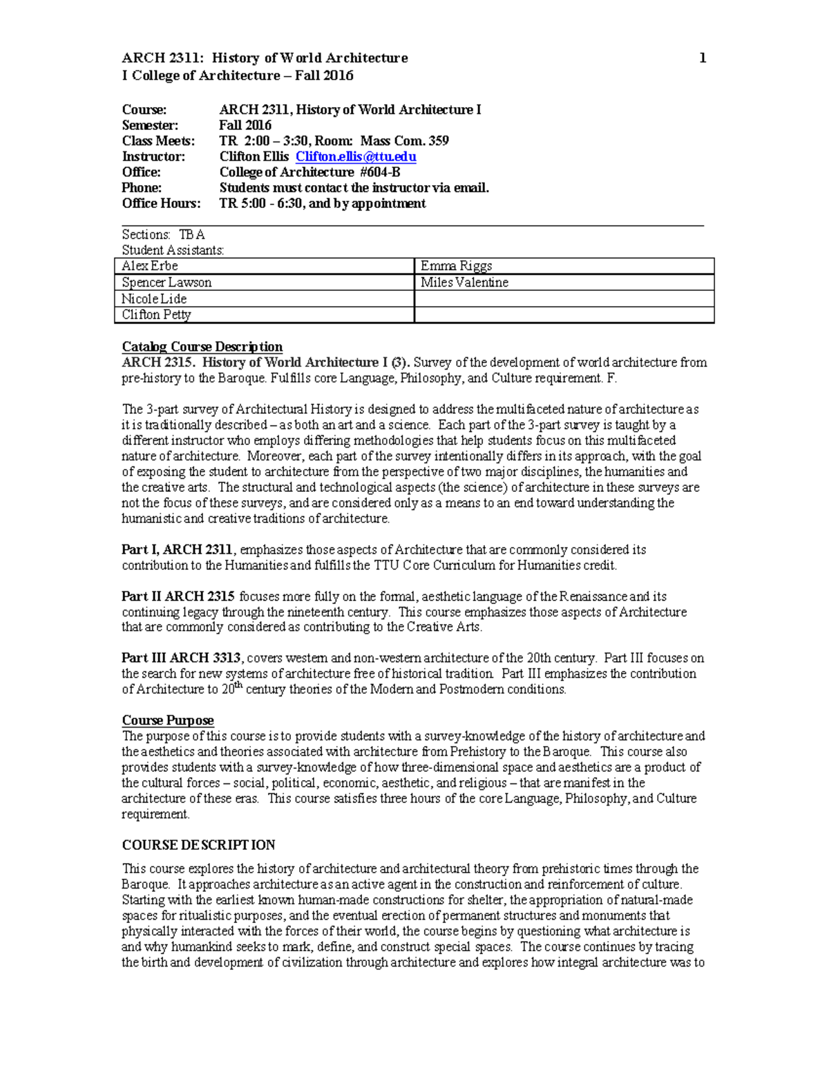 Syllabus ARCH 2311 Ellis 2016 - ARCH 2311 : History of World ...