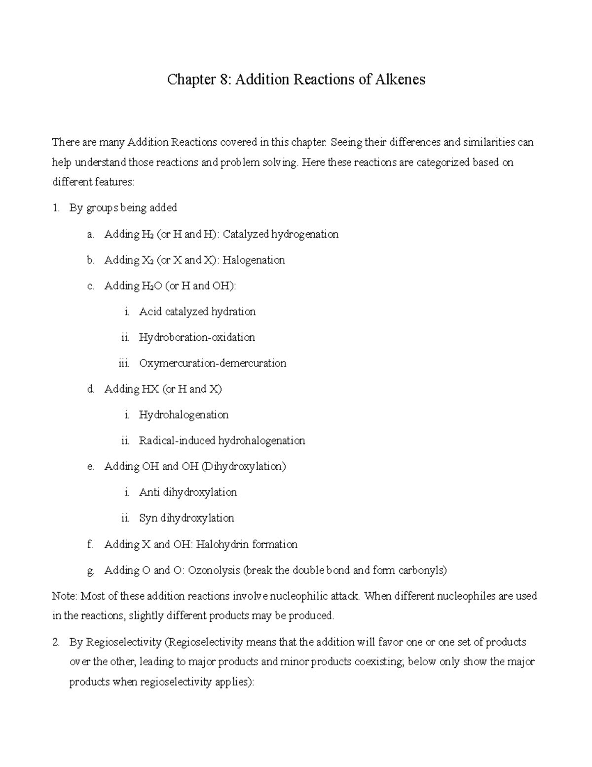 Summary of Addition Reactions - Chapter 8: Addition Reactions of ...
