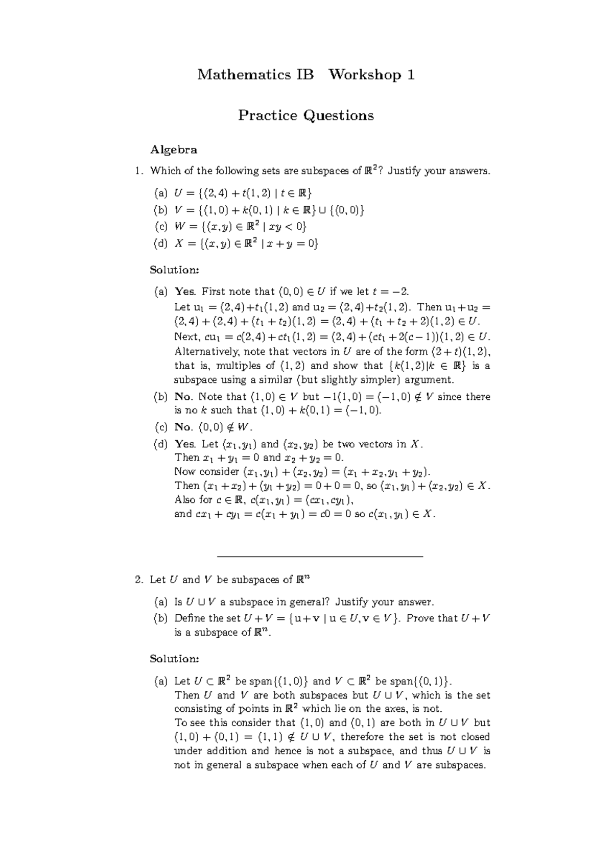 IB Workshop 1 prac - Mathematics IB Workshop 1 Practice Questions Algebra Which of the following ...