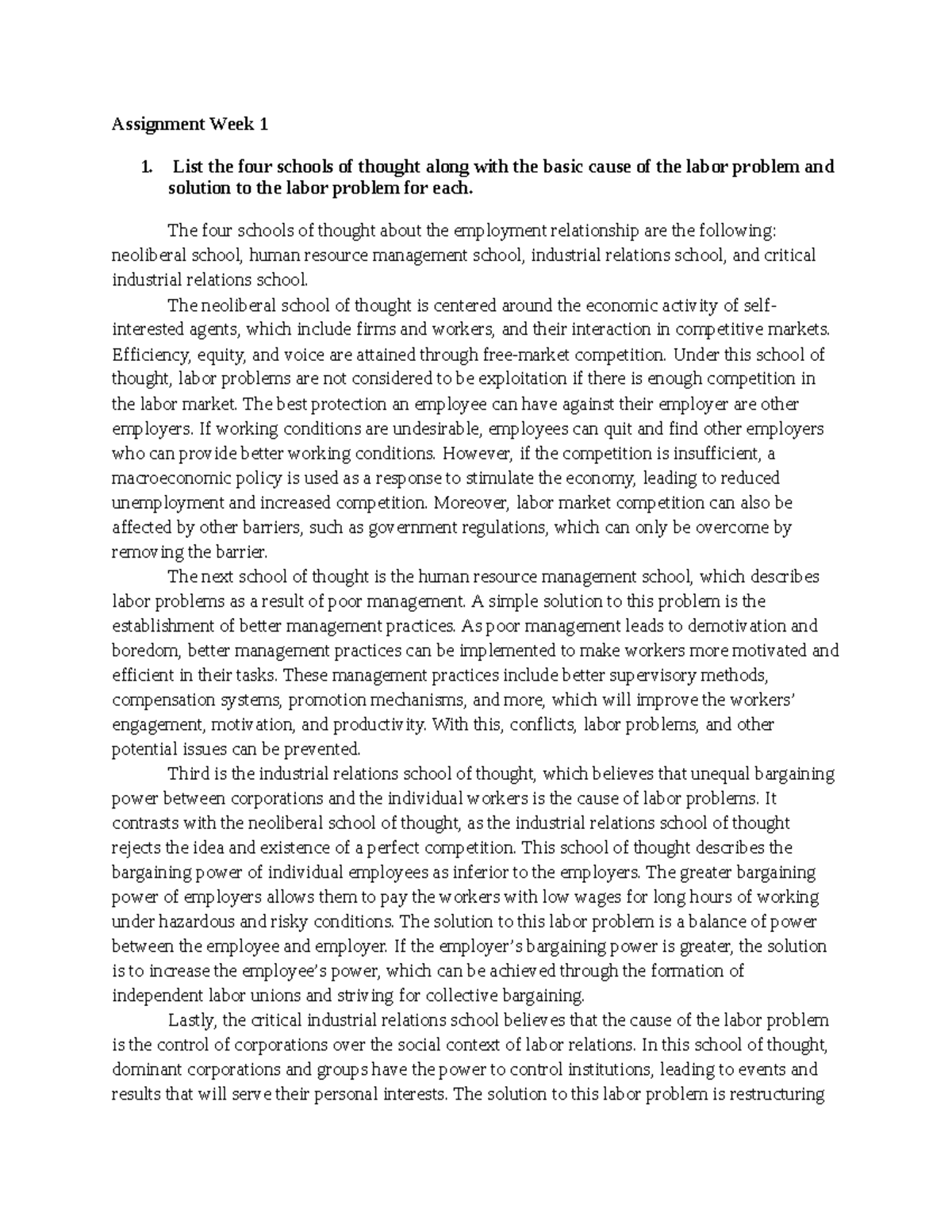 Labor relations - Assignment Week 1 List the four schools of thought ...