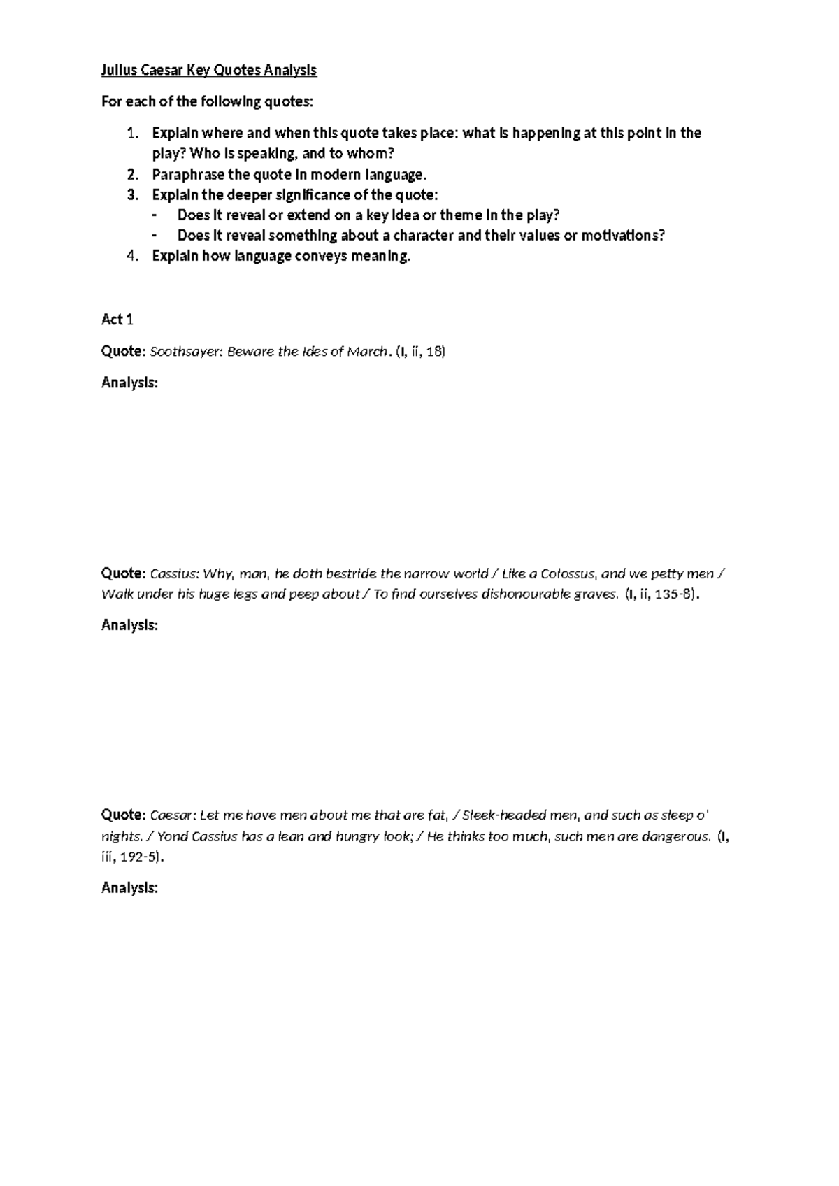 Julius Caesar Key Quotes analysis - Explain where and when this quote ...