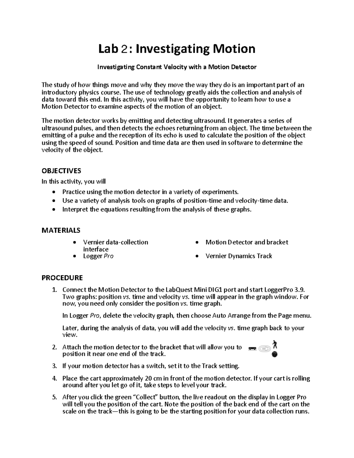 Lab 2 - Constant Velocity 1 - Lab 3: Investigating Motion Investigating Constant Velocity with a ...