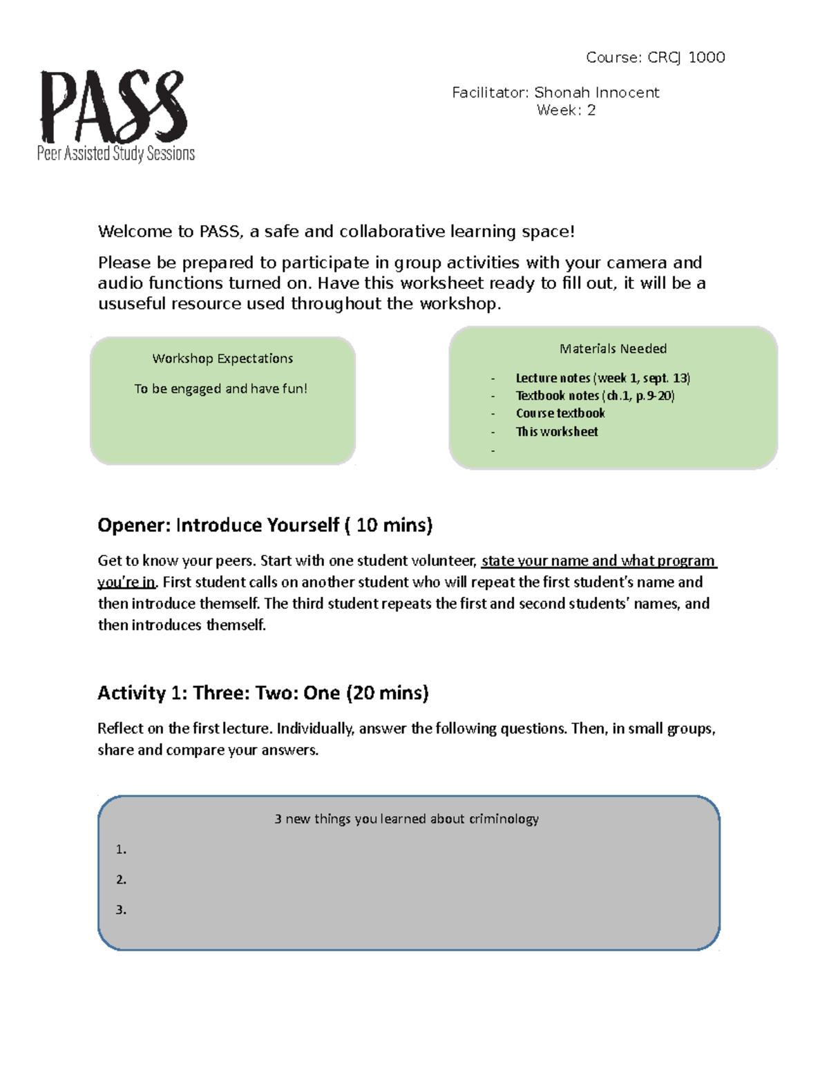 CRCJ 1000 B- Week 2 - CRIM - Course: CRCJ 1000 B Facilitator: Shonah ...