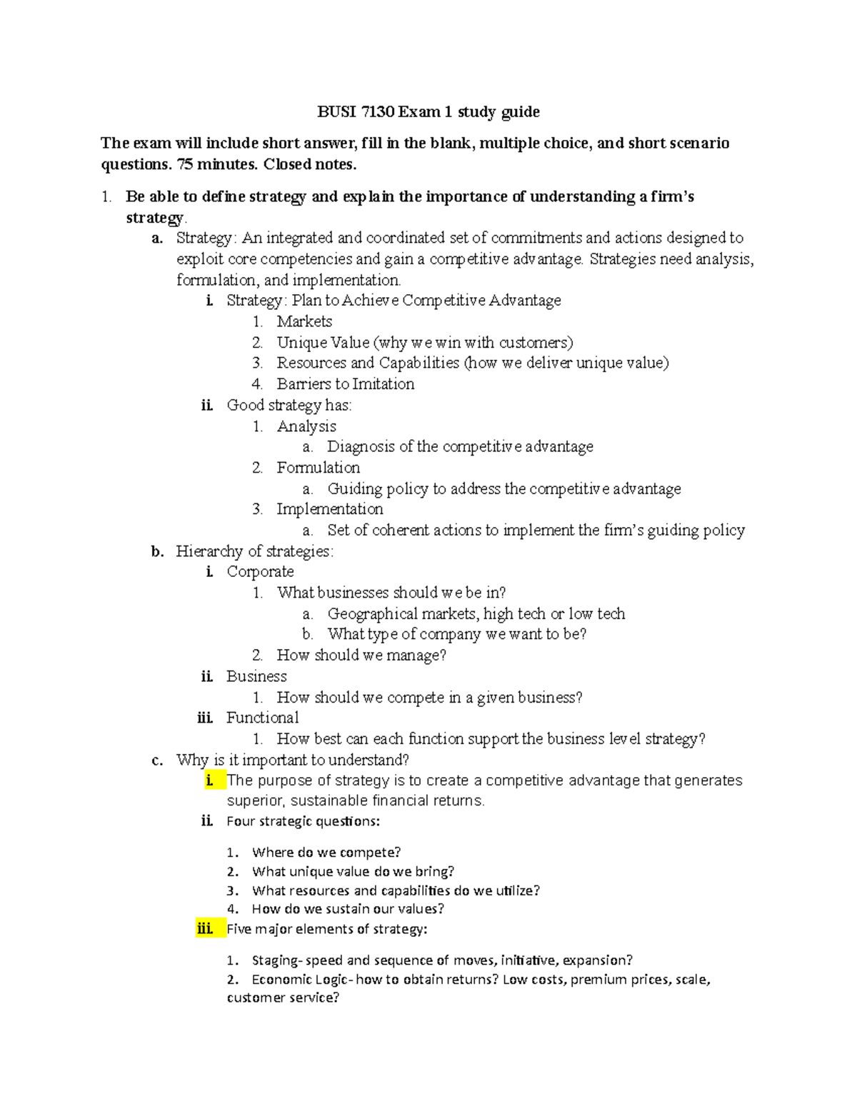 Strat Analysis (Exam 1 Study Guide) - BUSI 7130 Exam 1 study guide The ...