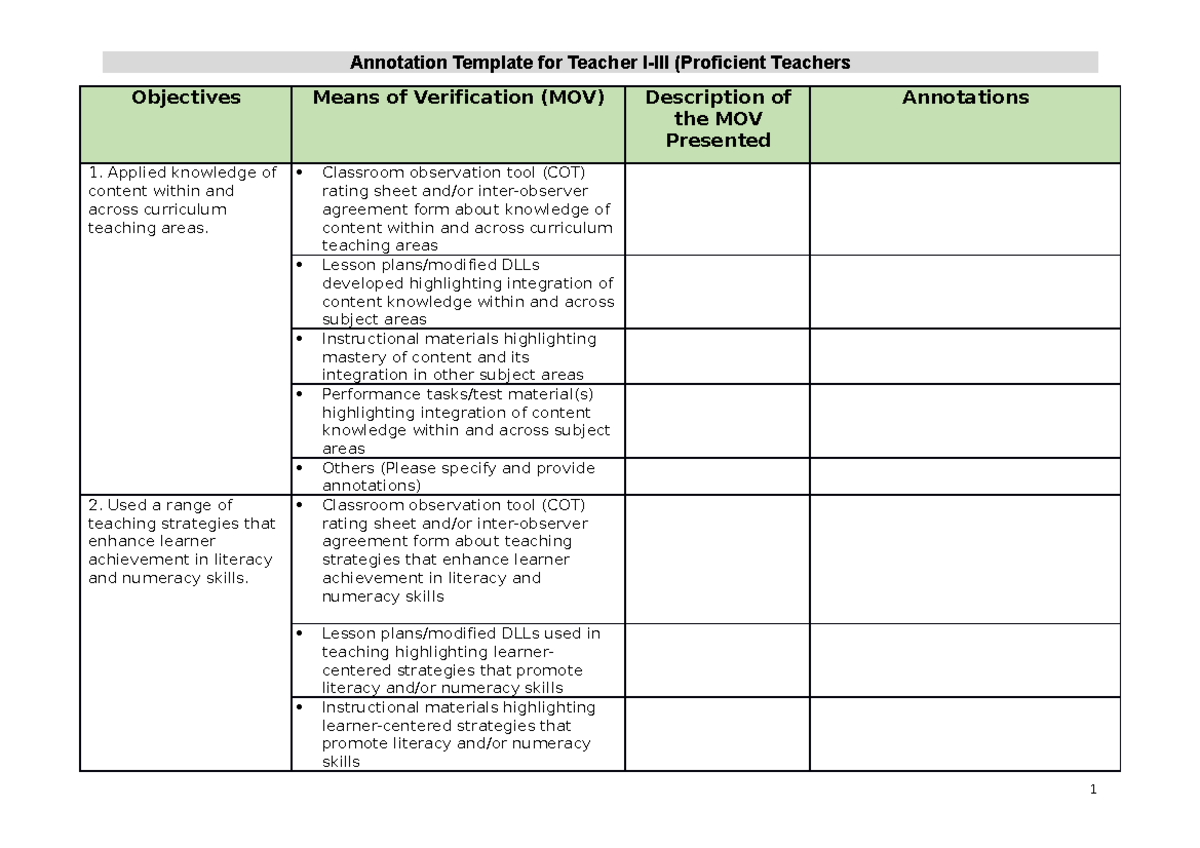Appendix rpms observation tool - Annotation Template for Teacher I-III ...