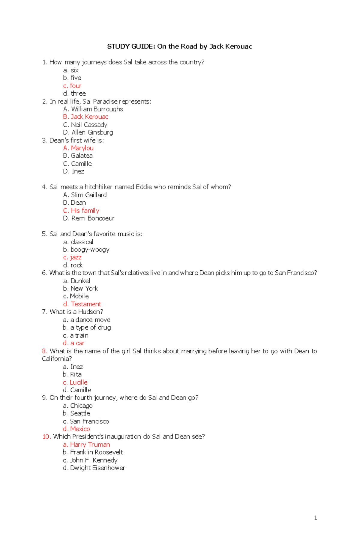 Study- Guide On-the-Road - 1 STUDY GUIDE: On the Road by Jack Kerouac ...