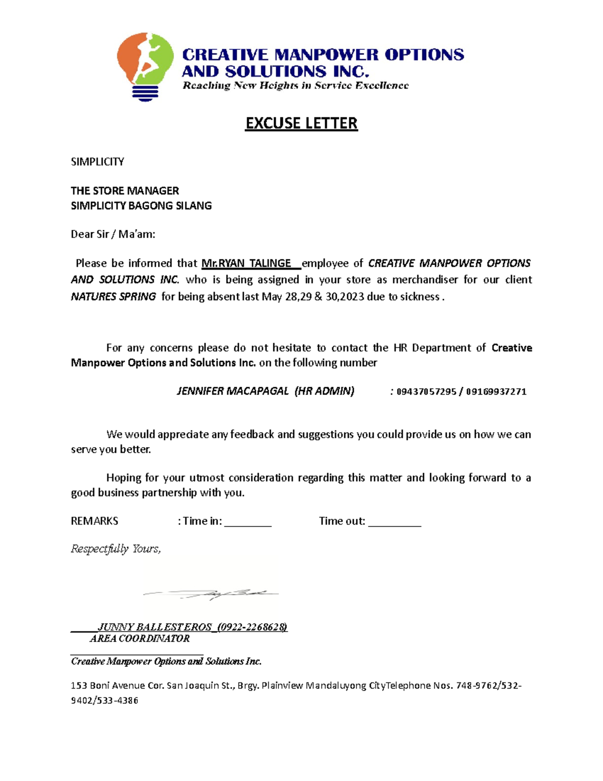 R YAN-excuse-letter - excuse letter - EXCUSE LETTER SIMPLICITY THE ...