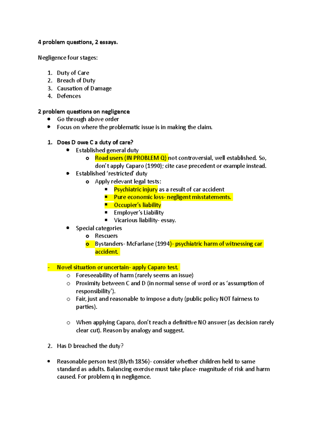 Revision - Summary Law of Tort - 4 problem questions, 2 essays ...