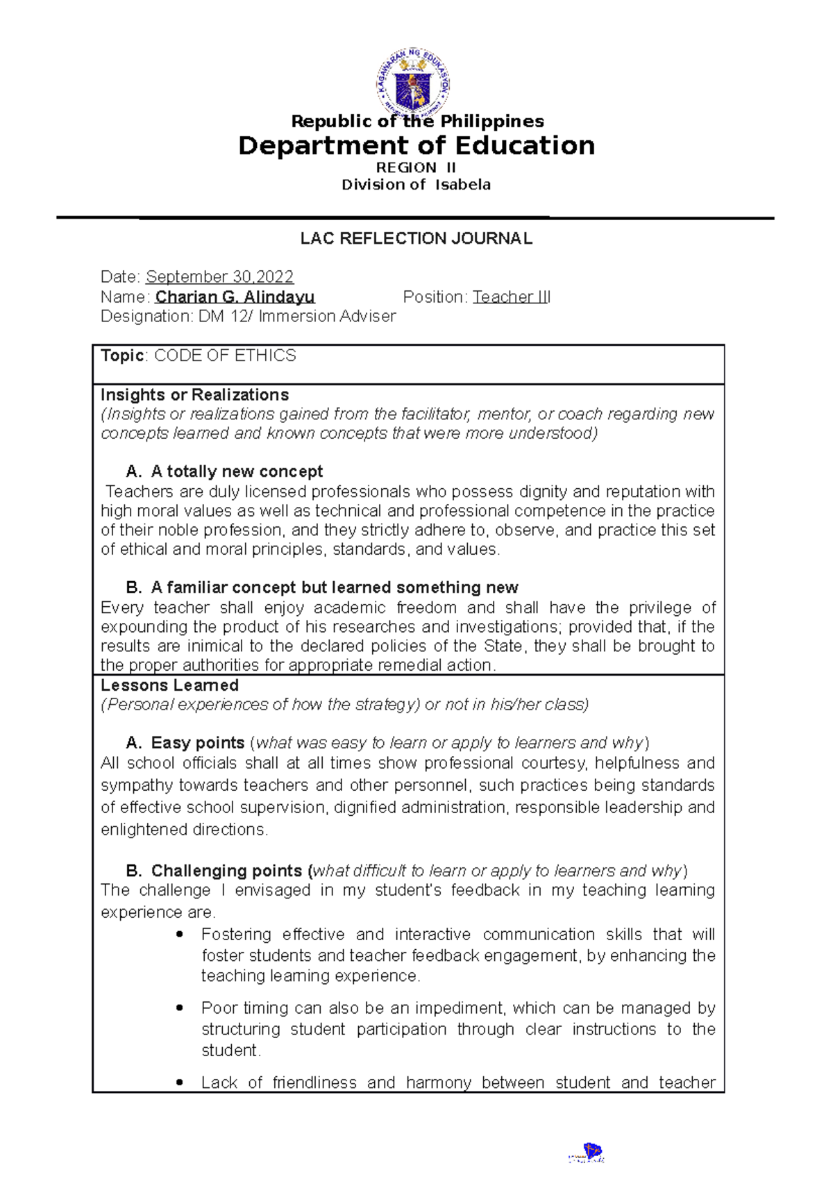 LAC Reflection Journal 1 - Republic of the Philippines Department of ...