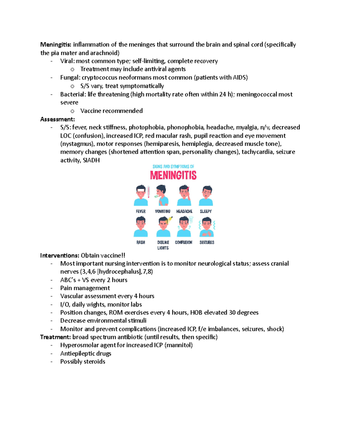 Meningitis Study Guide concept map - Meningitis: inflammation of the ...