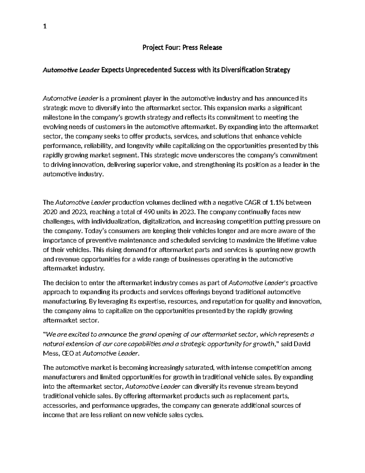 BUS225 Project Four - Assignment - 1 Project Four: Press Release ...