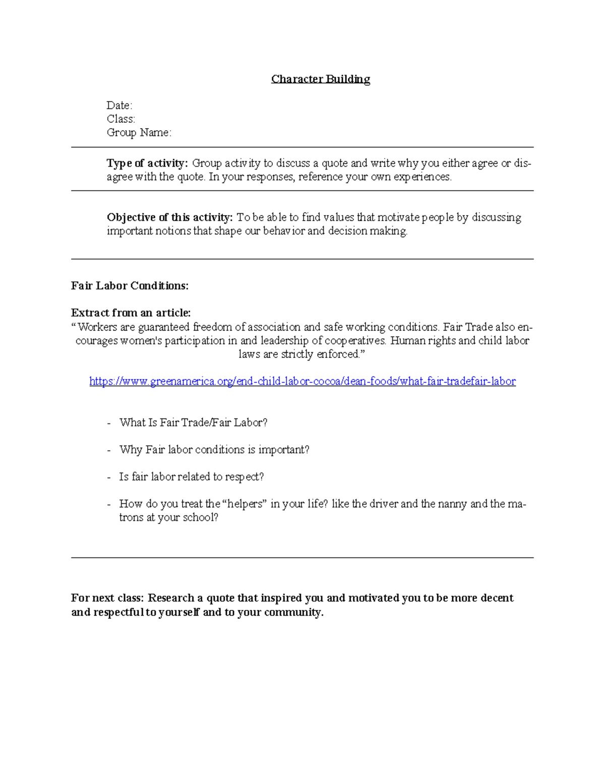 Respect 2 - Fair Trade - Character Building Date: Class: Group Name ...
