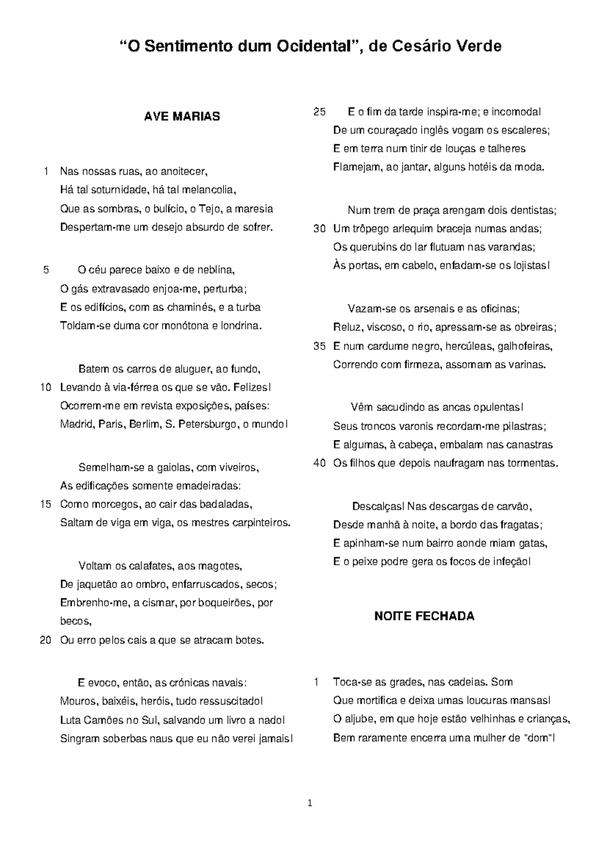 Poema completo para imprimir - “O Sentimento dum Ocidental”, de Cesário ...