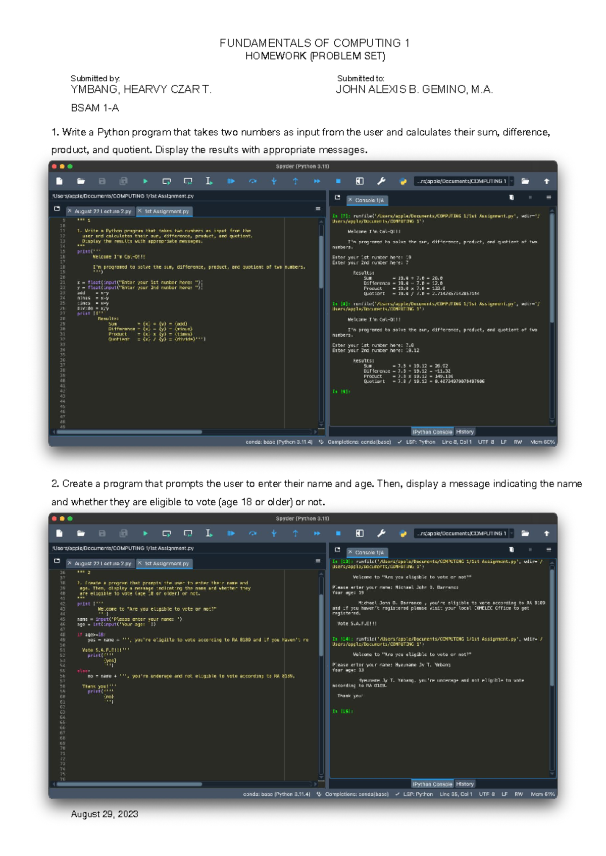 Ymbang-BSAM 1A MTH 203 Homework (Problem Set) - FUNDAMENTALS OF COMPUTING 1 HOMEWORK (PROBLEM ...