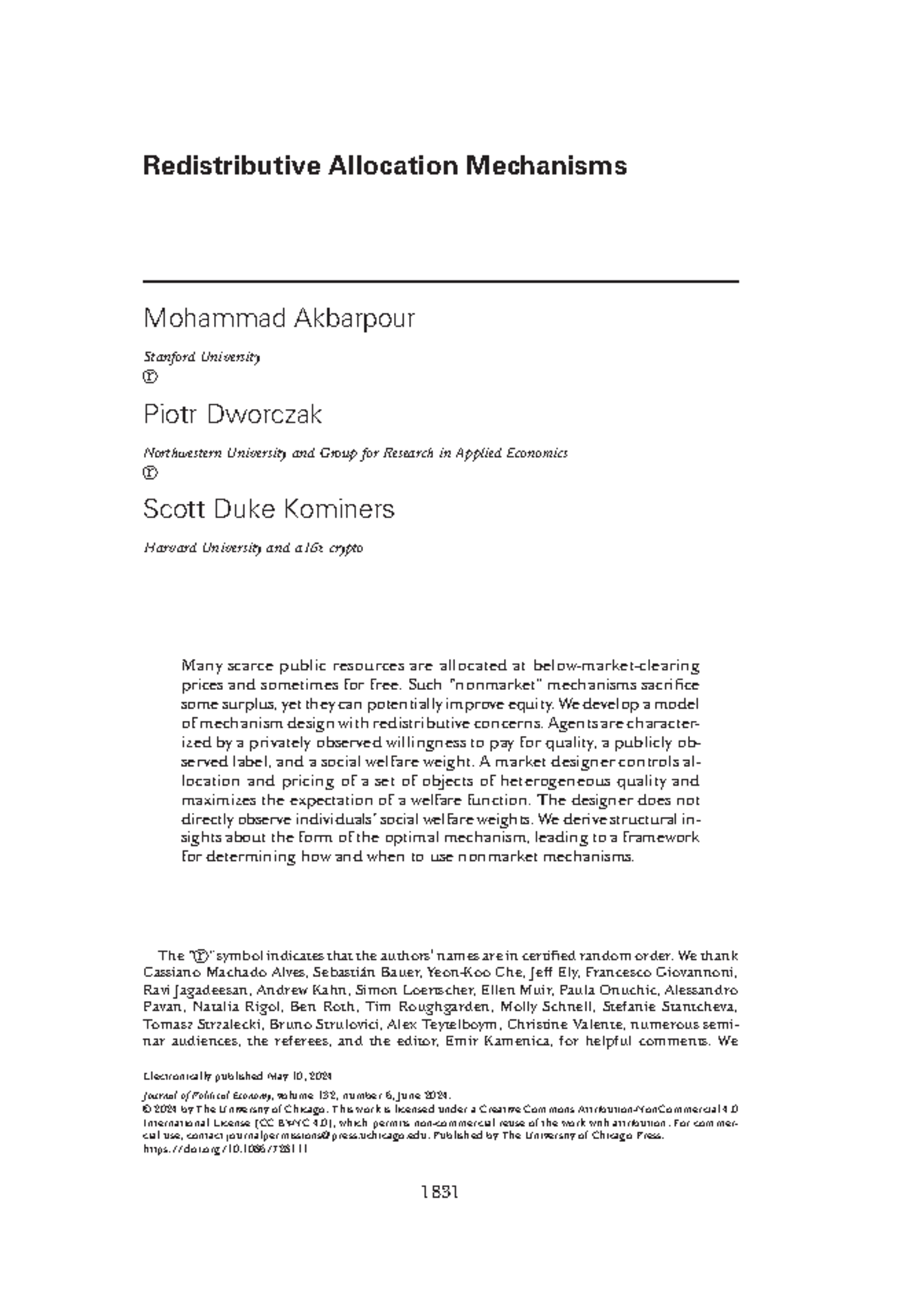 Redistributive allocation mechanisms - Redistributive Allocation Mechanisms Mohammad Akbarpour ...