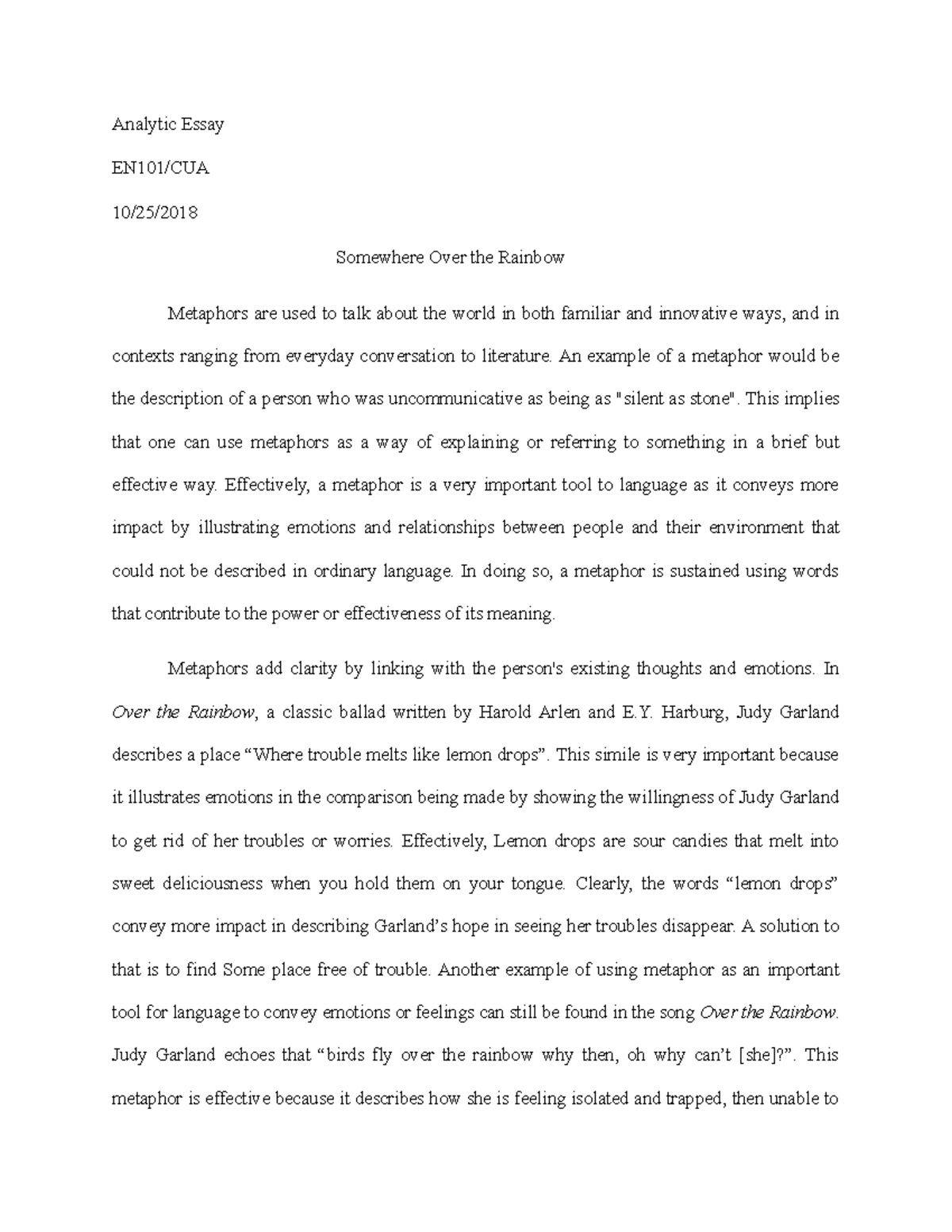Analytic Essay - Analytic Essay EN101/CUA 10/25/ Somewhere Over the ...