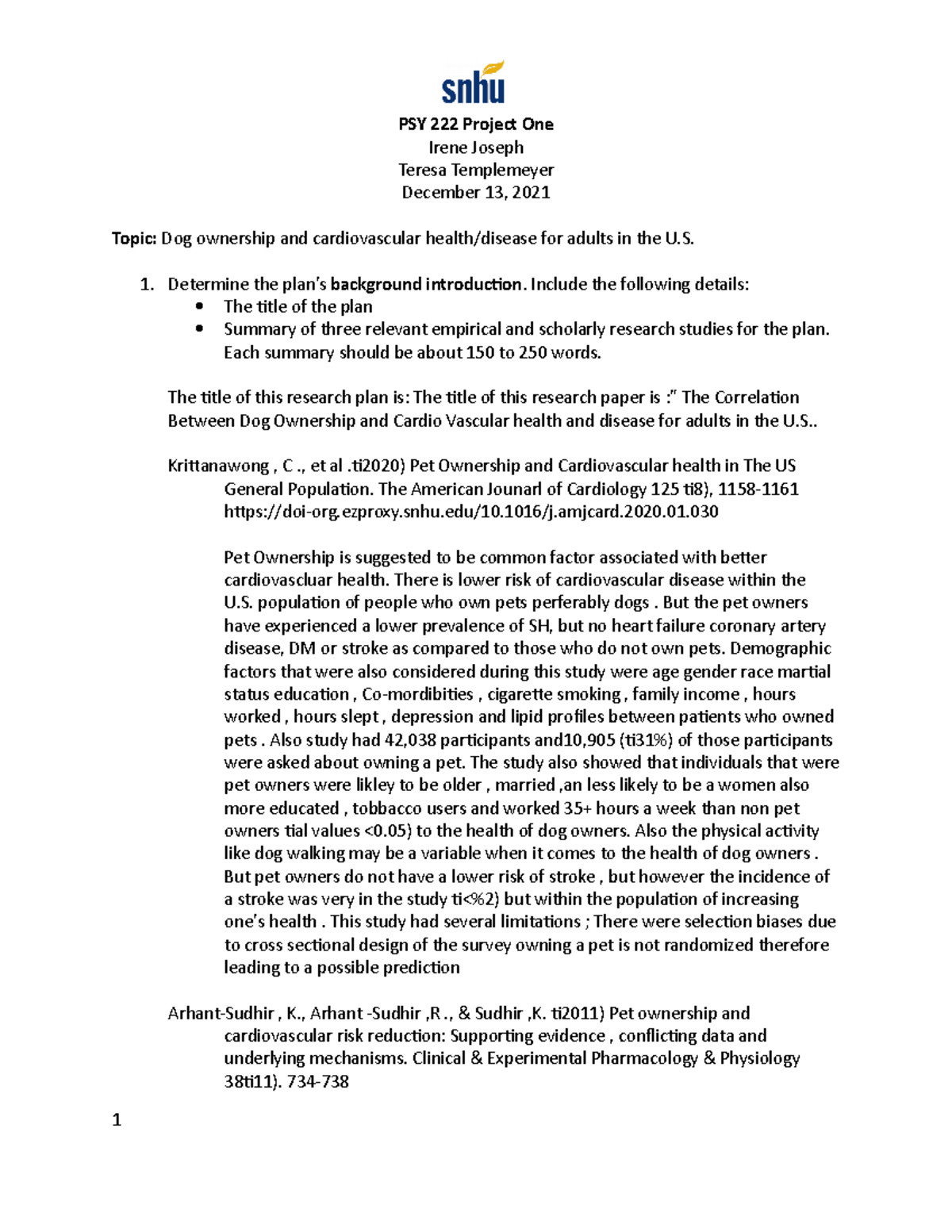 PSY222 Project One - PSY 222 Project One Irene Joseph Teresa ...