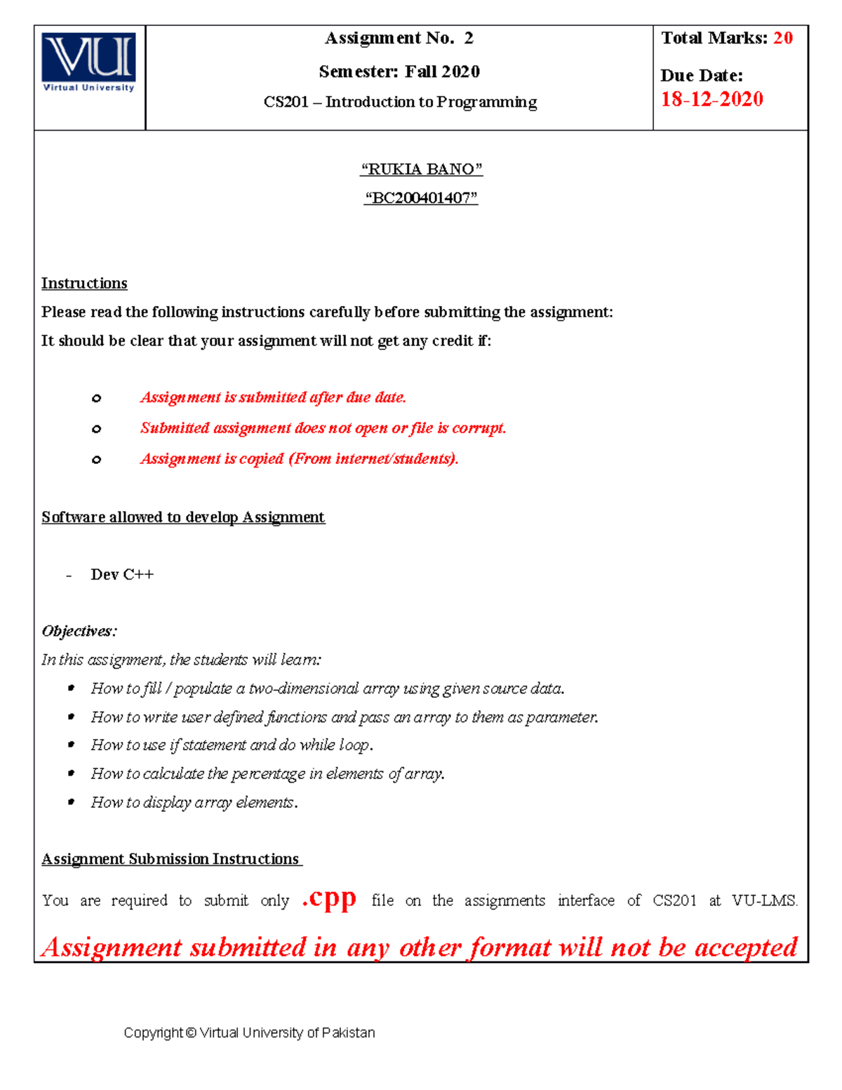 Fall 2020 Cs201 2 Bc2004 01407 Assignment No 2 Semester Fall 2020 Cs201 Introduction To