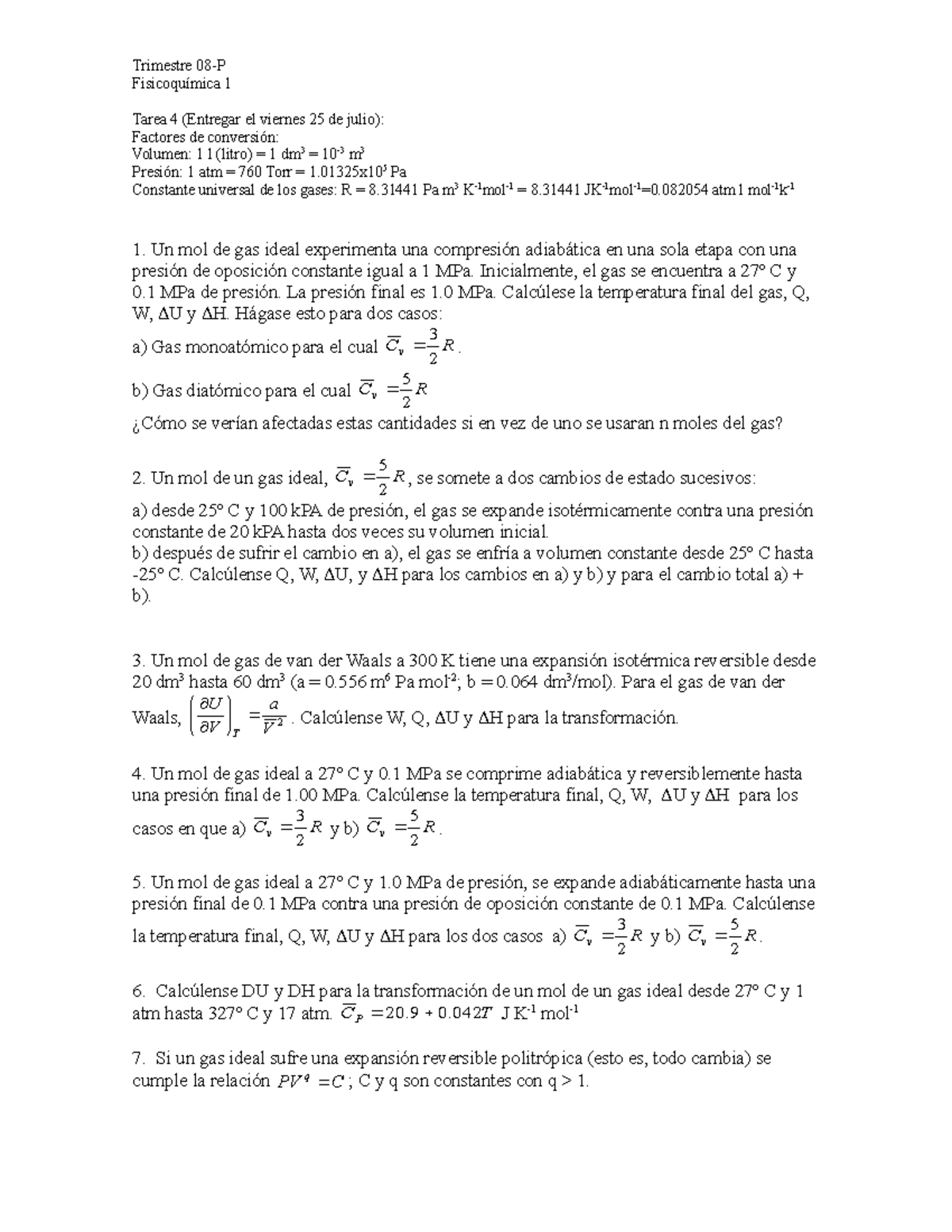 Tarea 4 Ejercicios De Practica Trimestre 08 P Fisicoqu mica 1 Tarea