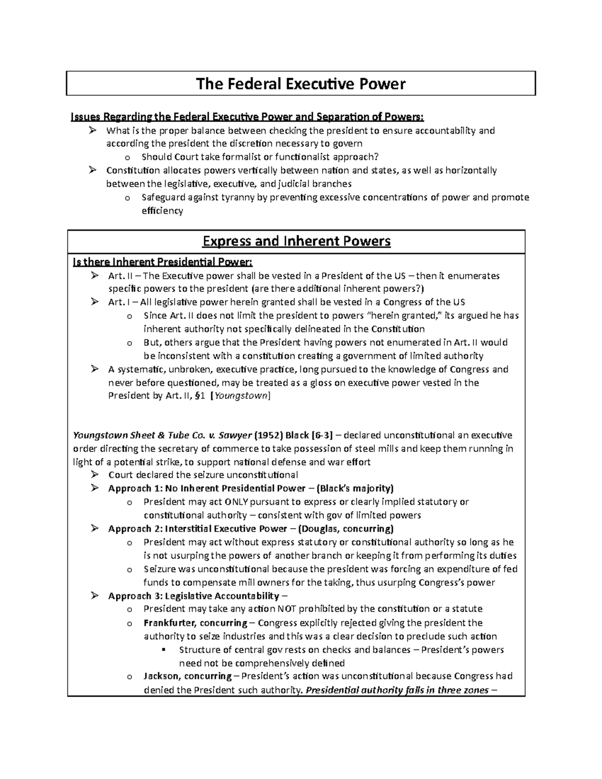 Constitutional Law Outline - 2 - The Federal Executive Power Issues ...