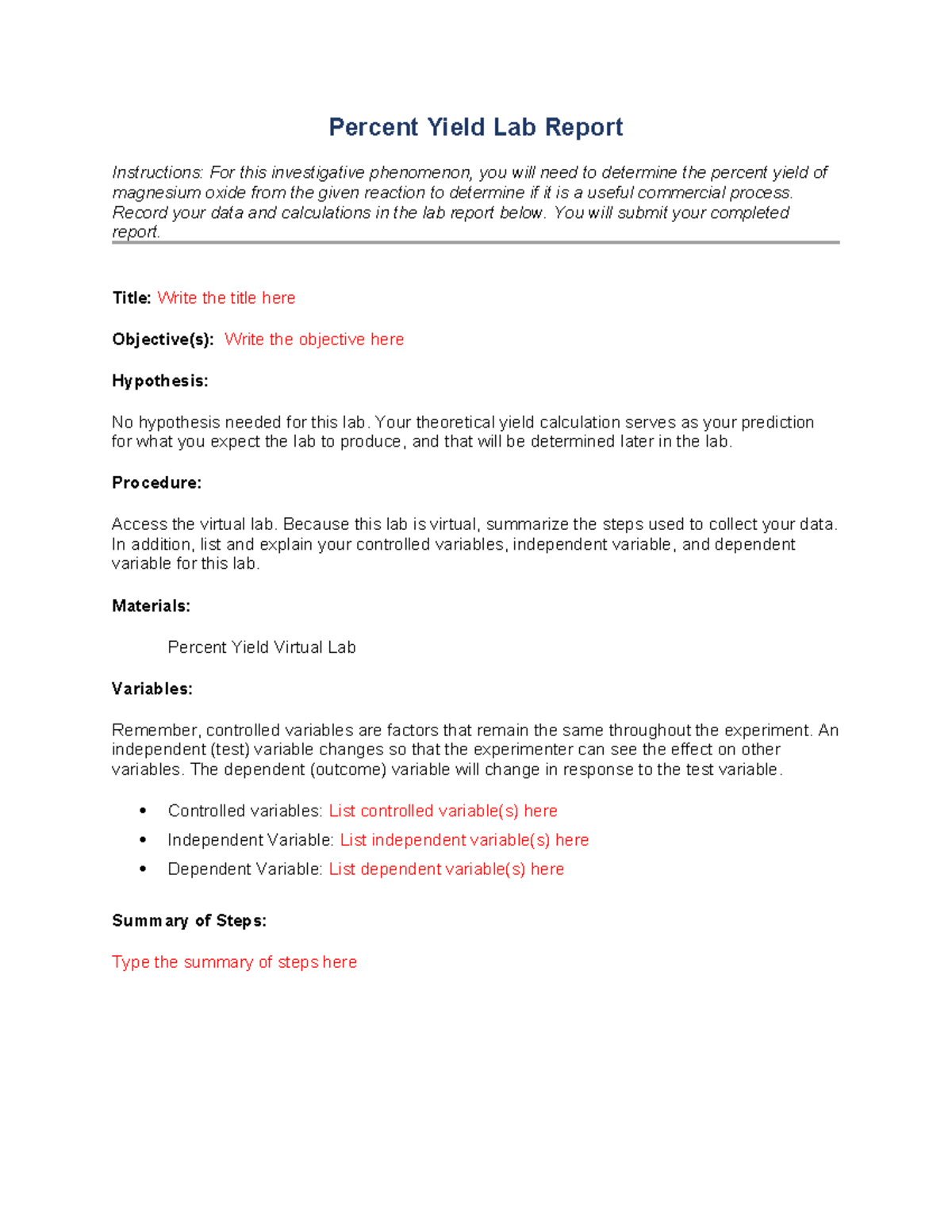 Percent Yield Lab Report - Percent Yield Lab Report Instructions: For ...
