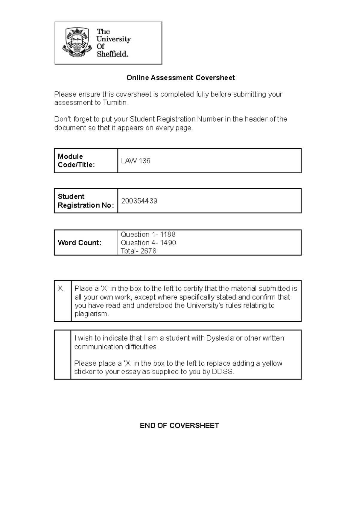 LAW 136 Obligations assessment - Online Assessment Coversheet Please ...