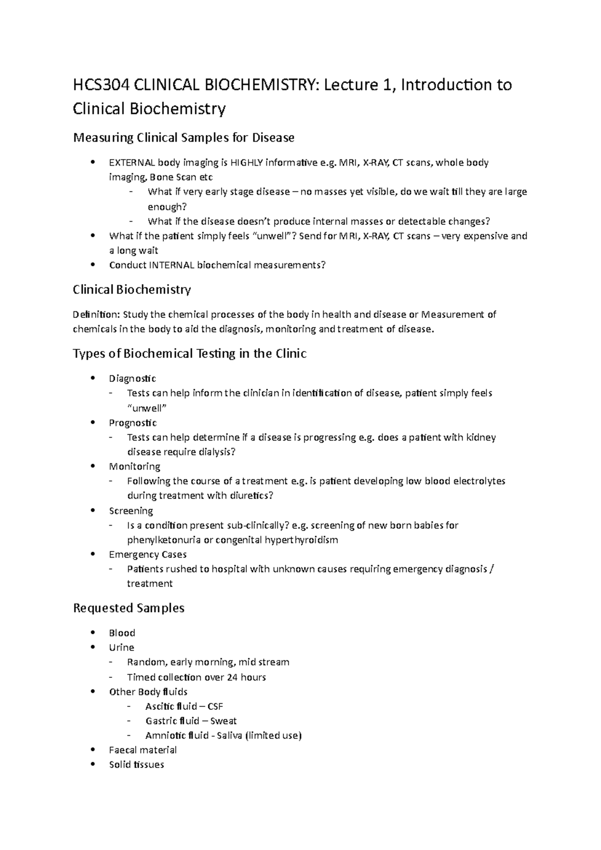 HCS304 Clinical Biochemistry, Lecture 1 - HCS304 CLINICAL BIOCHEMISTRY ...