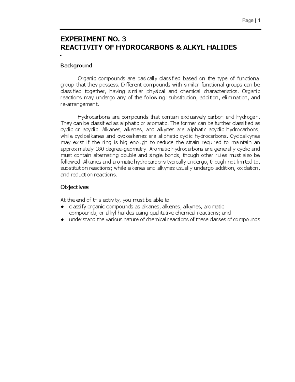 E03 Reactivity of Hydrocarbons data sheet - EXPERIMENT NO. 3 REACTIVITY OF HYDROCARBONS & ALKYL ...