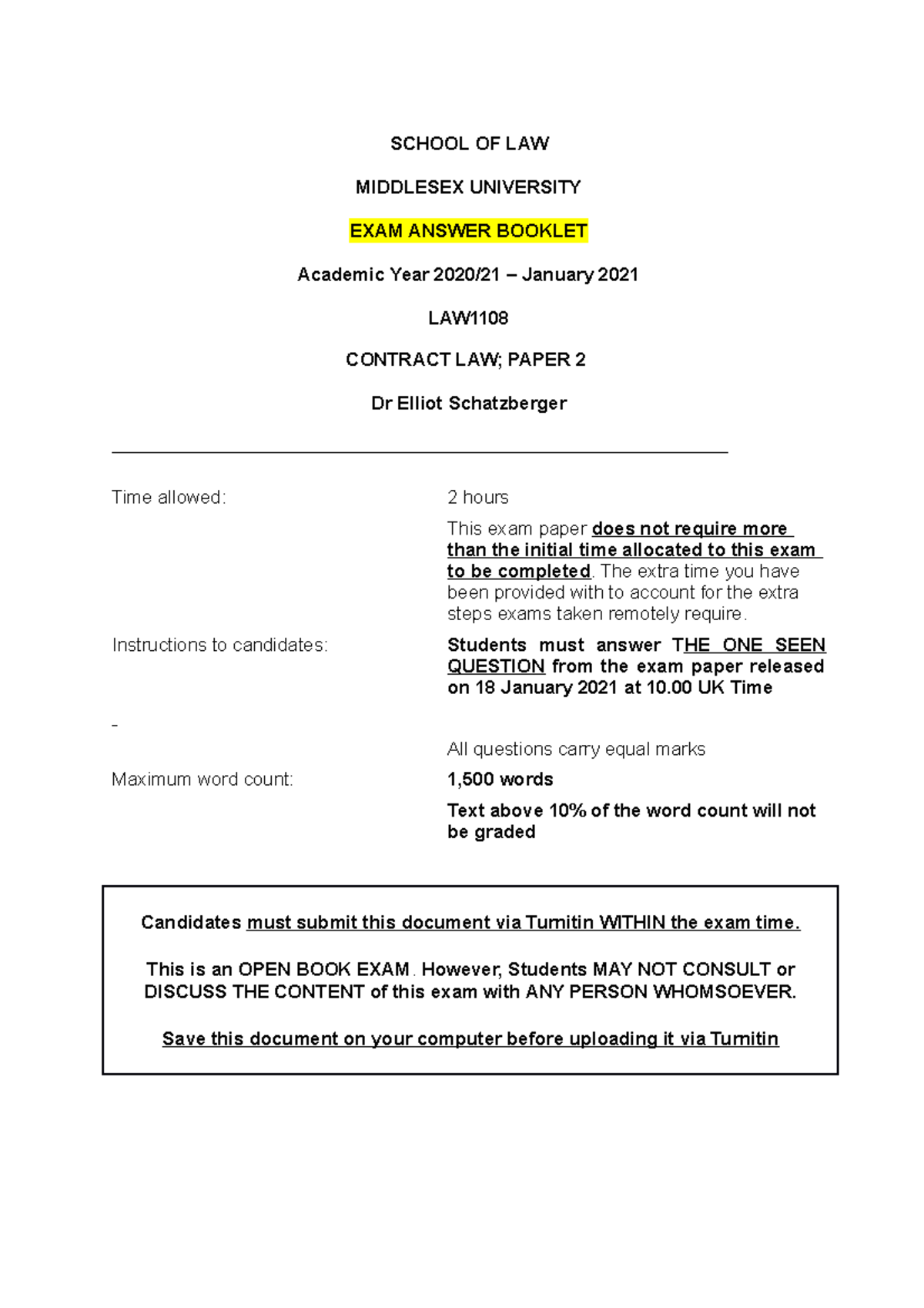 Contract Law Paper 2 - SCHOOL OF LAW MIDDLESEX UNIVERSITY EXAM ANSWER ...