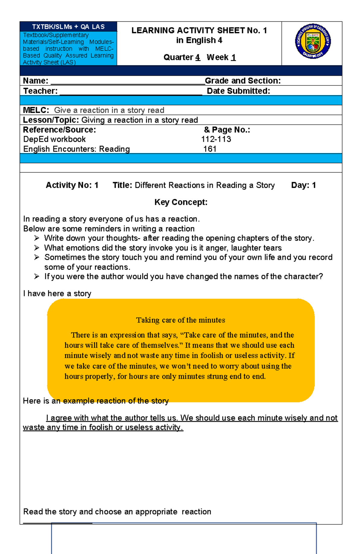 English 4 Q4 W1 - hehehehe - TXTBK/SLMs + QA LAS LEARNING ACTIVITY SHEET No. 1 in English 4 ...