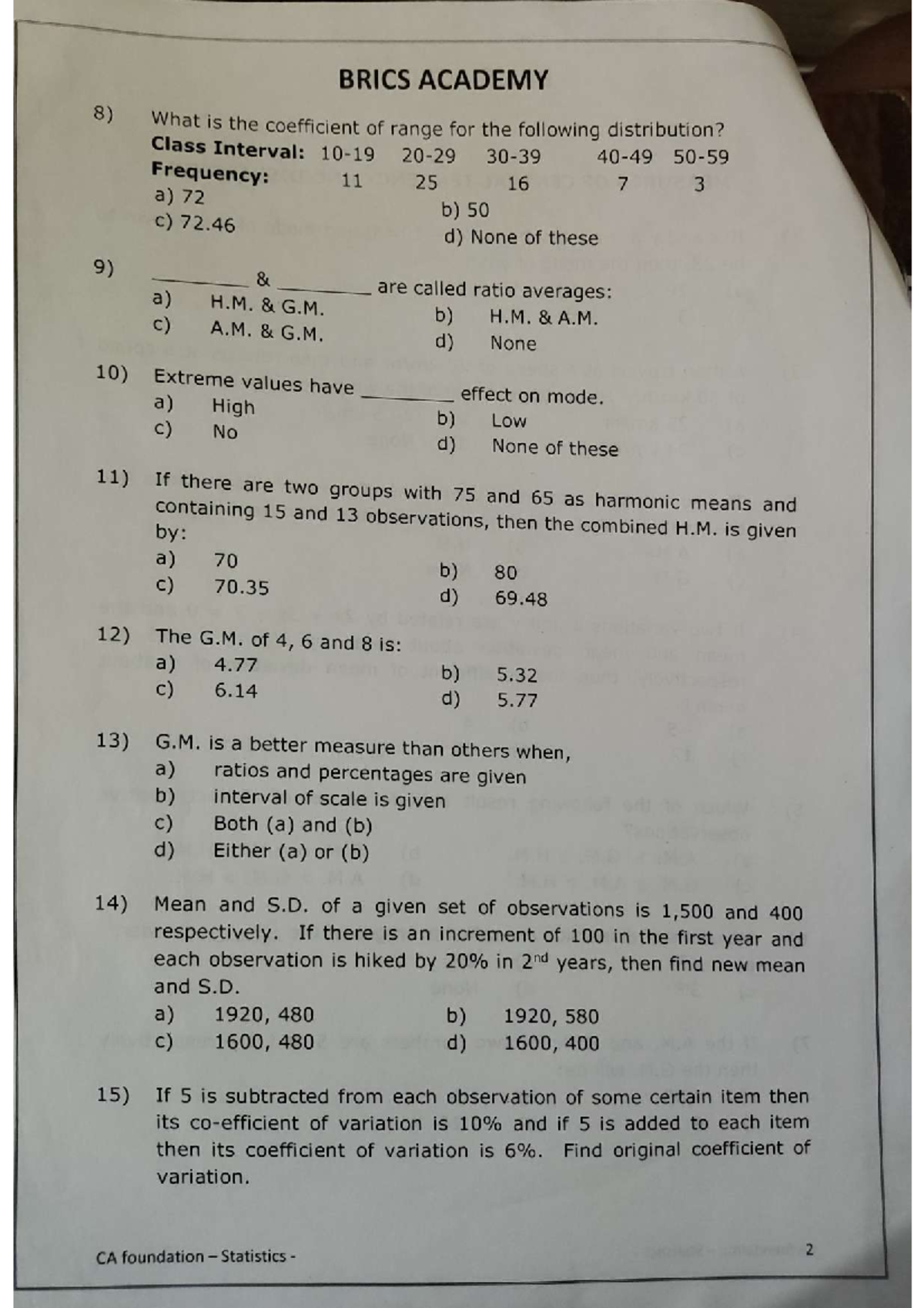 Ca Foundation Statistics Questions - ca foundation - Studocu