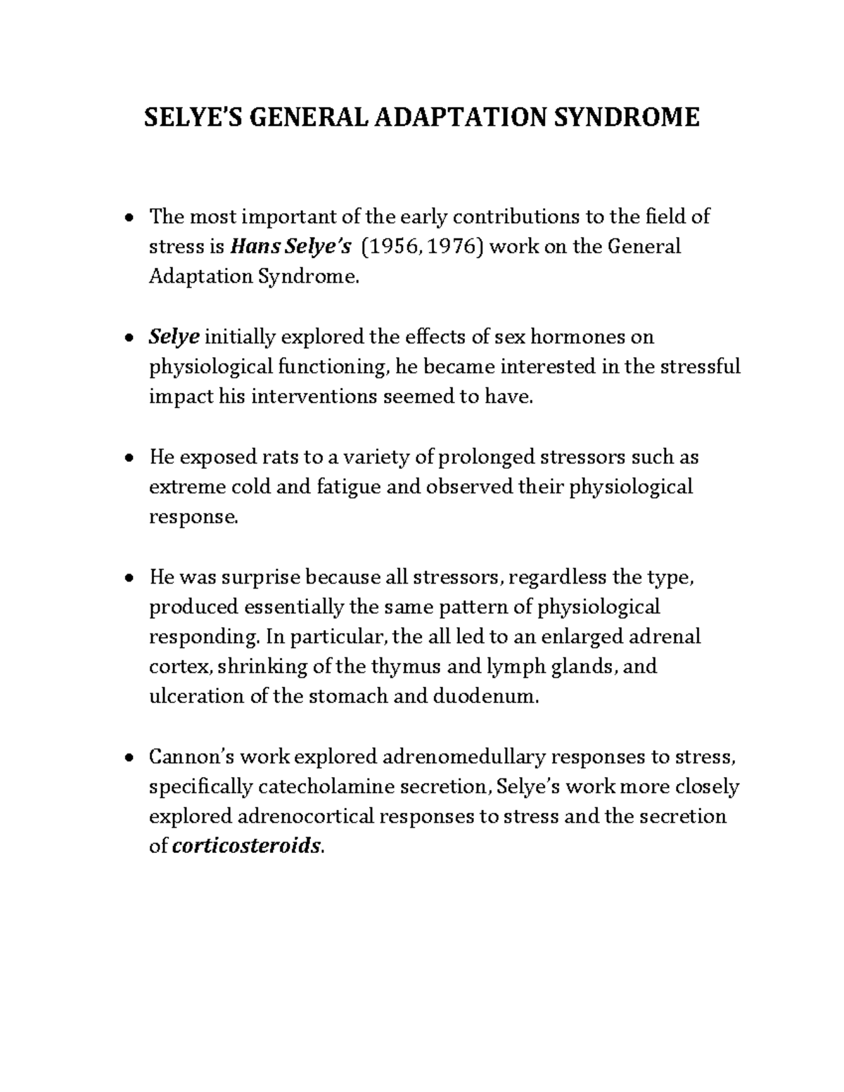 Selye's General Adaptation Syndrome Summary Notes - BS Psychology - PUP ...