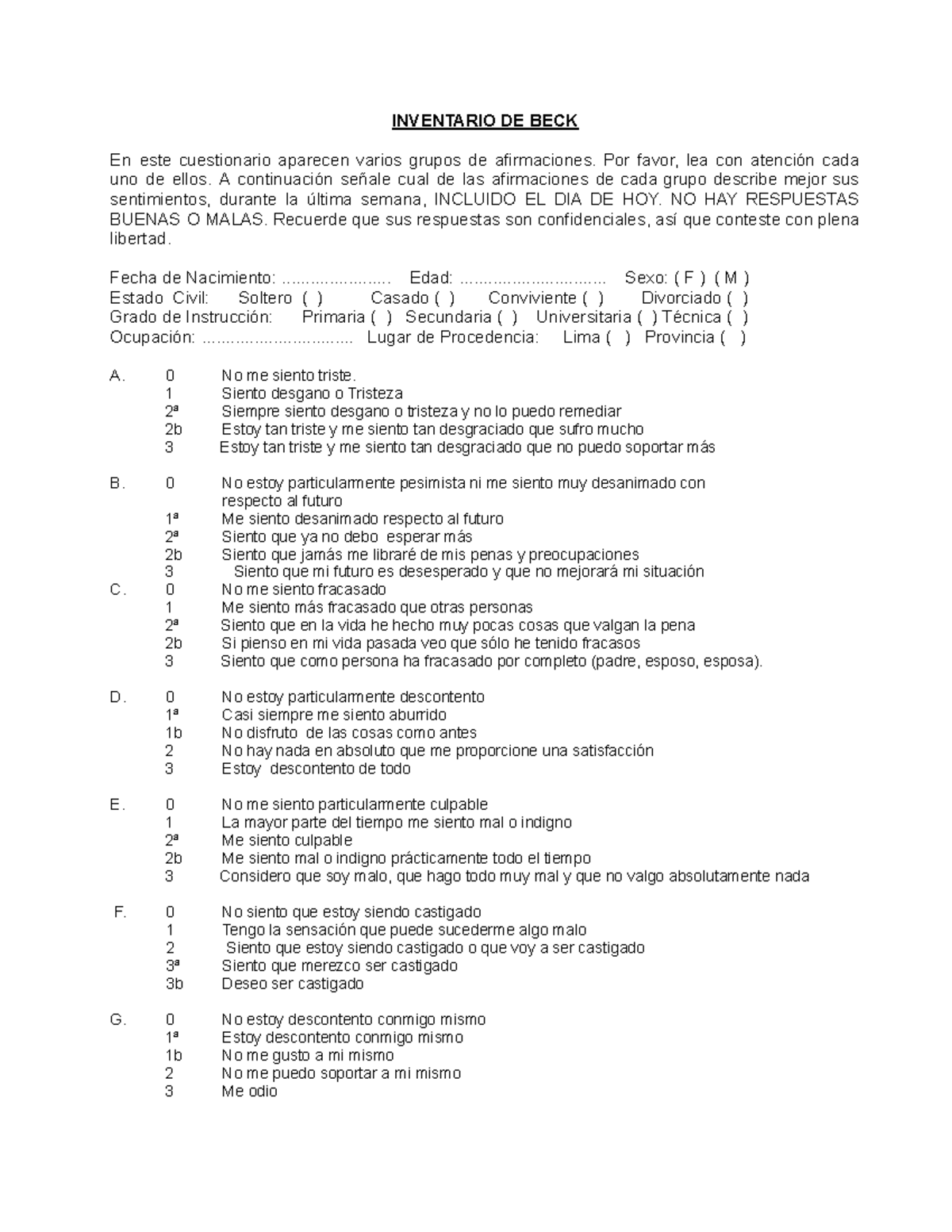 Evaluación Beck - Test - INVENTARIO DE BECK En este cuestionario ...